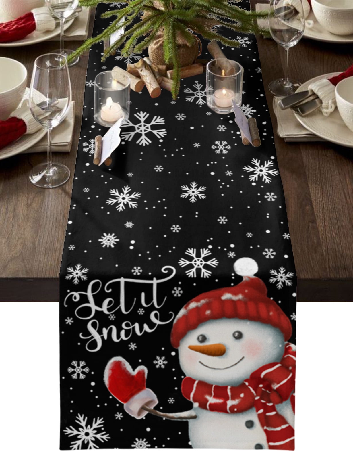 Christmas Snowman Table Runner Xmas Winter Snowflake Classic Black ...
