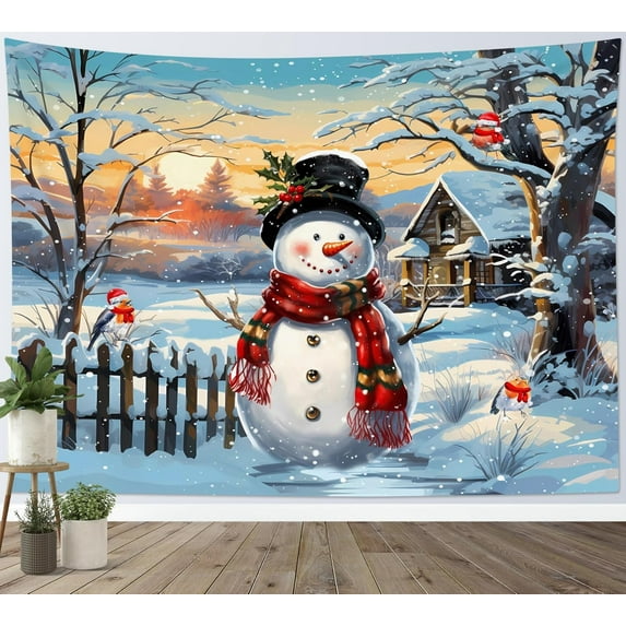 Christmas Snowman Tapestry, Farmhouse Snowman with Cardinal Snowflake ...