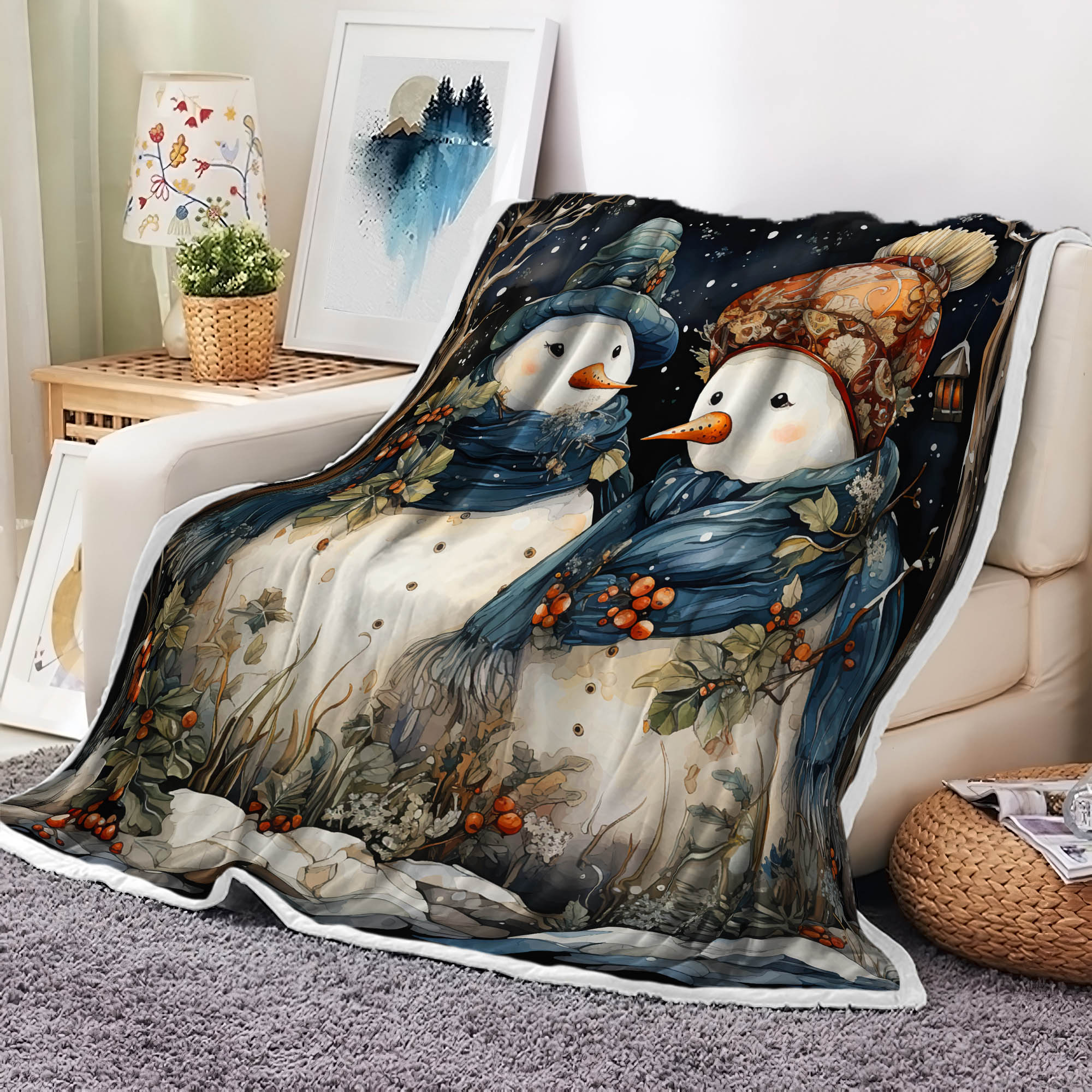 Christmas Snowman Throw Blanket, Winter Xmas Snowman in Snowy Forest ...