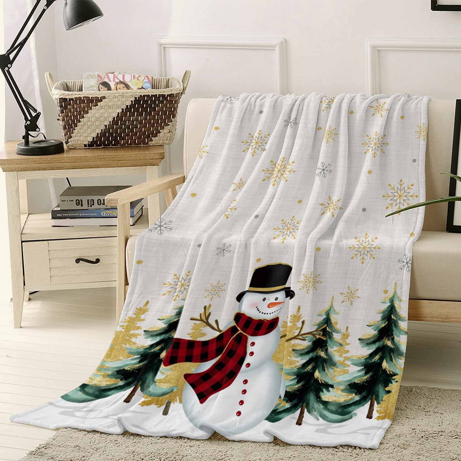 Christmas Snowman Throw Flannel Blanket 50x80In Tree Gold Snowflakes ...