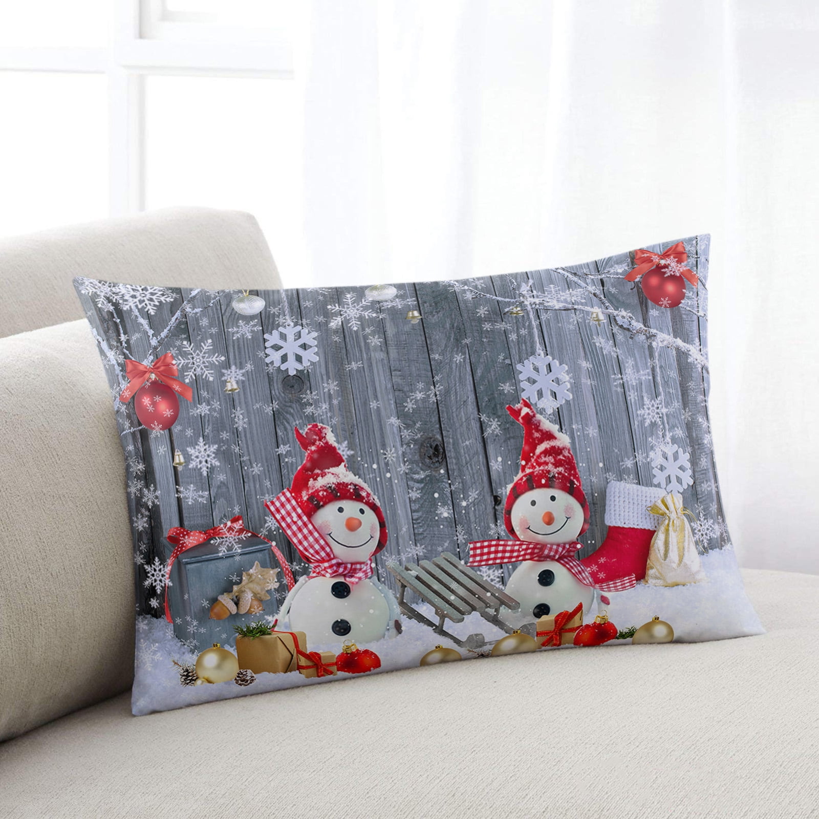 Christmas Snowman Throw Pillow Cover, Winter Wooden Barn Door Snowy ...