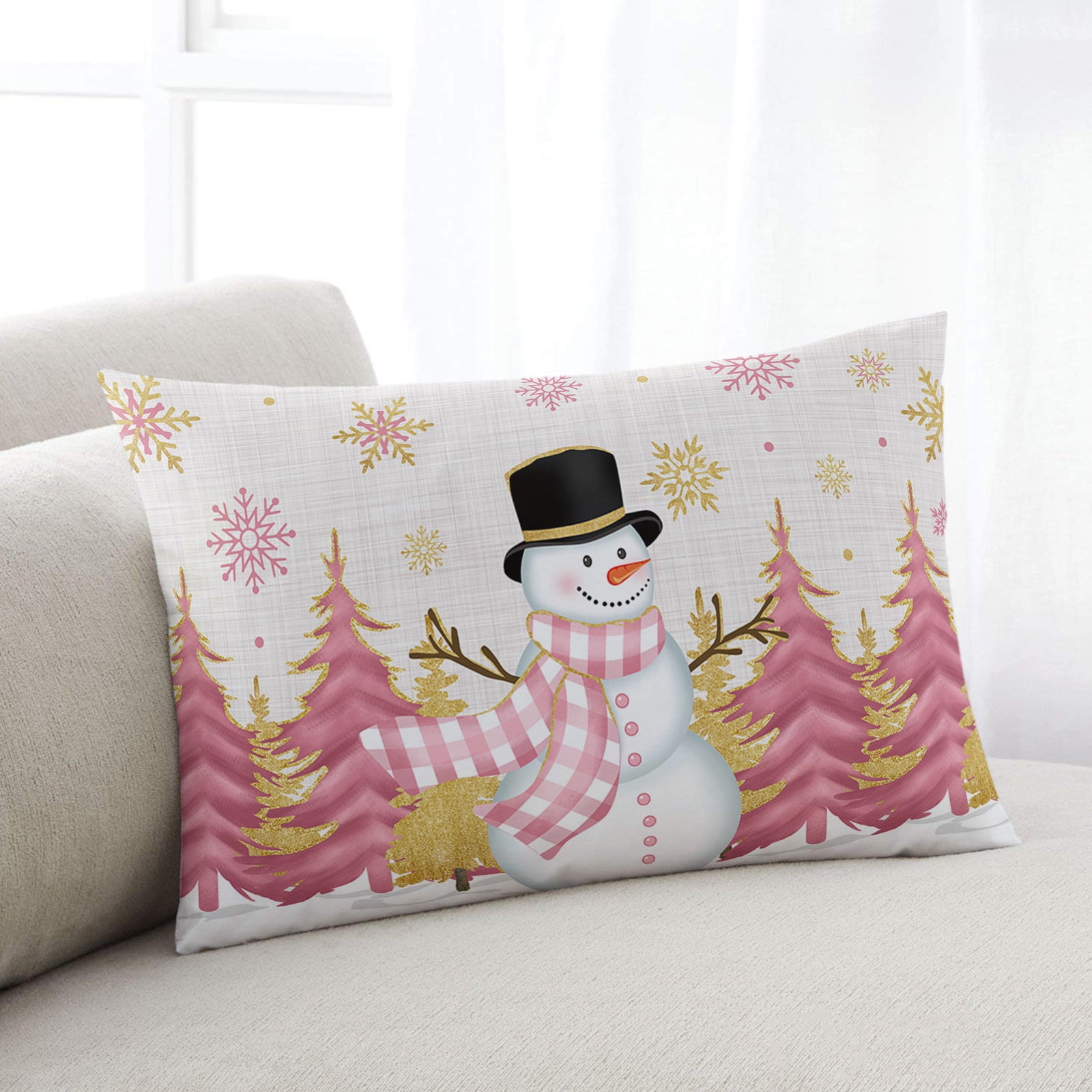 Christmas Snowman Throw Pillow Cover, Xmas Tree Gold Pink Snowflake ...