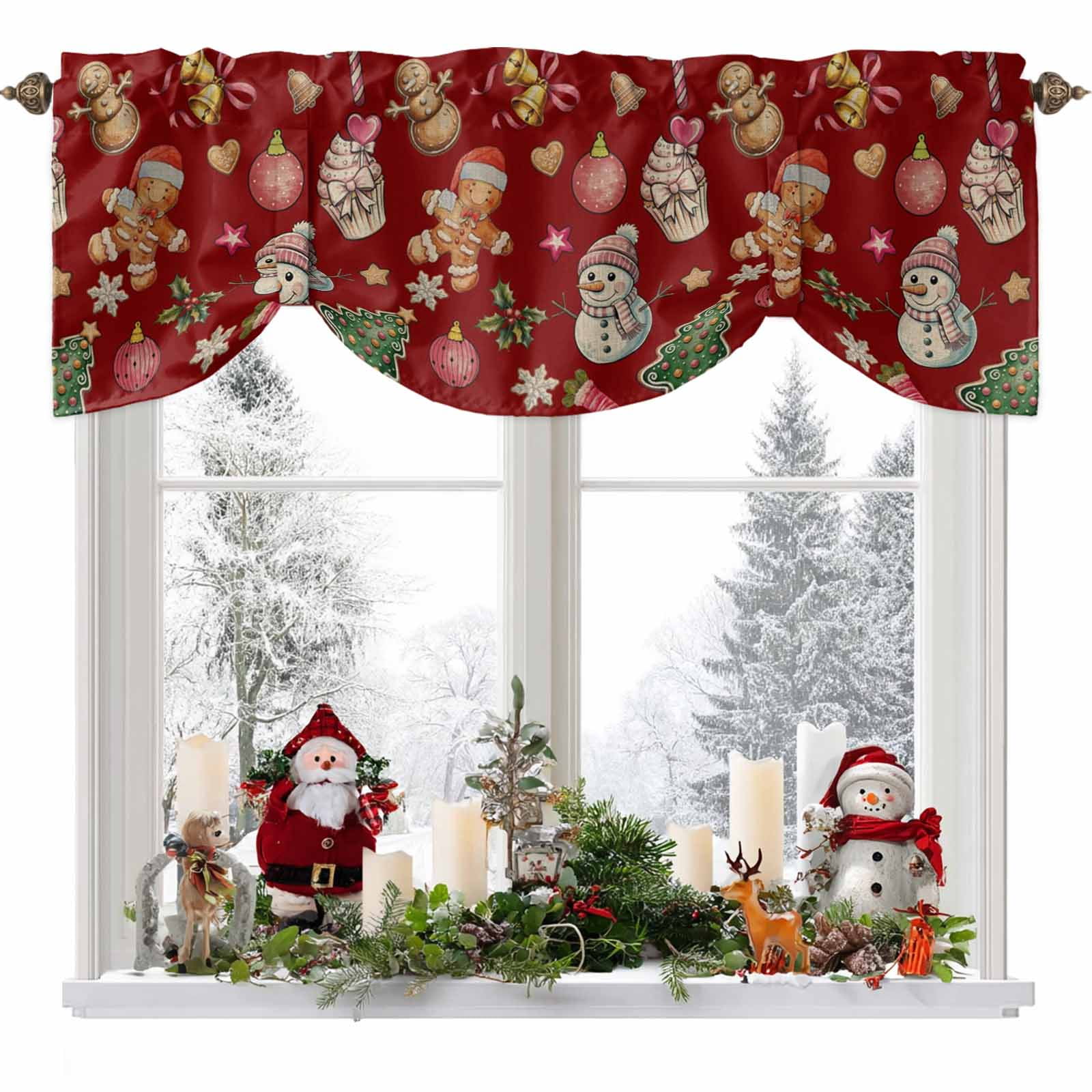 Christmas Snowman Tie Up Valances Curtain, Ginger Bread Man Xmas Tree ...