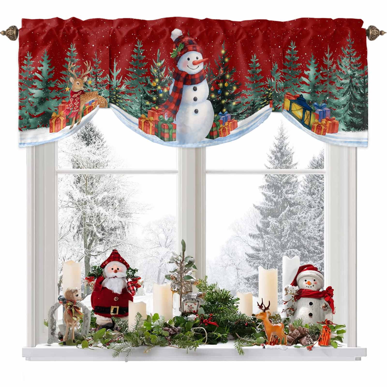 Christmas Snowman Tie Up Valances Curtain, Pine Trees Xmas Box Deer ...