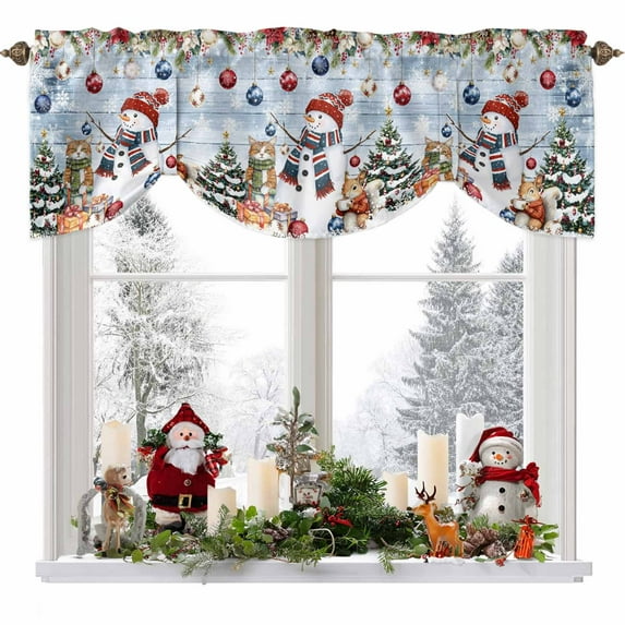 Christmas Snowman Tie Up Valances Curtain, Squirrel Cat Xmas Tree Ball ...