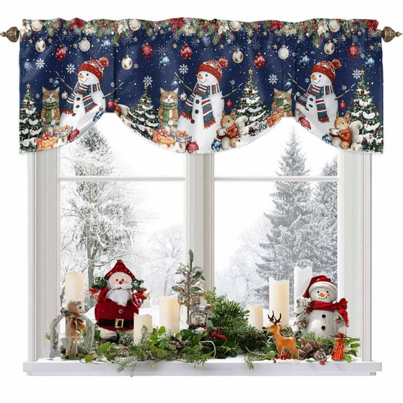 Christmas Snowman Tie Up Valances Curtain, Squirrel Cat Xmas Tree Ball ...