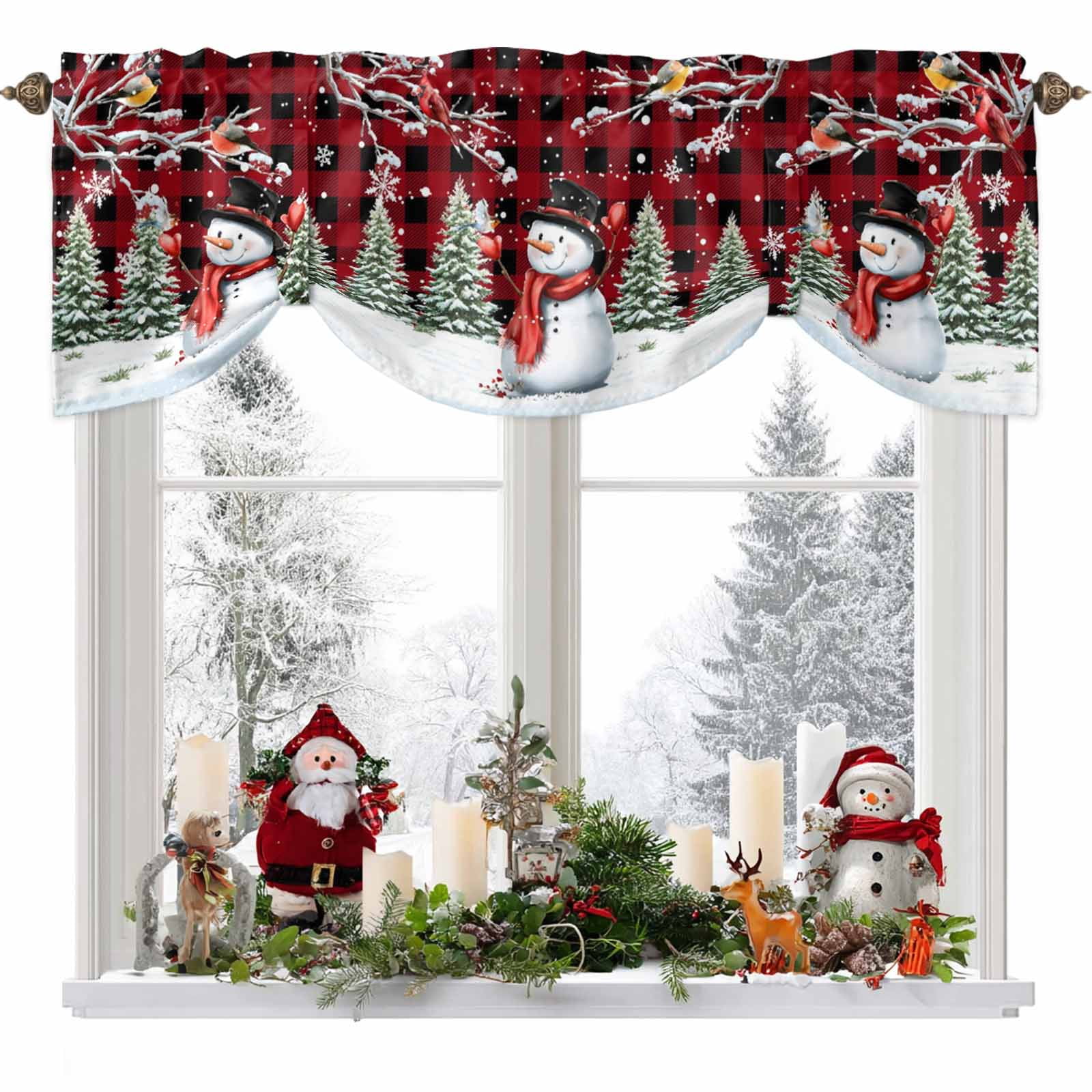 Christmas Snowman Tie Up Valances Curtain, Tree Winter Bird Berry Red ...