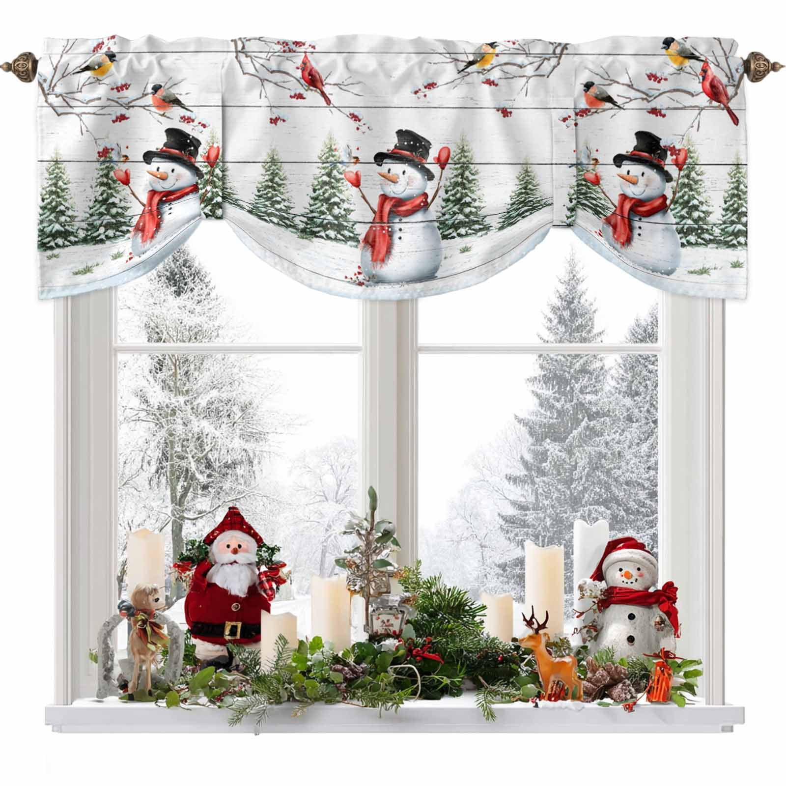 Christmas Snowman Tie Up Valances Curtain, Tree Winter Bird Berry Wood ...