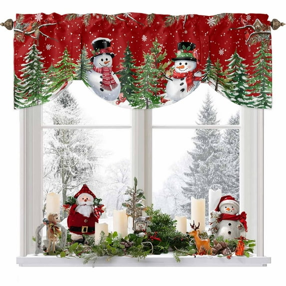 Christmas Snowman Tie Up Valances Curtain, Winter Pine Needle Tree Bird ...