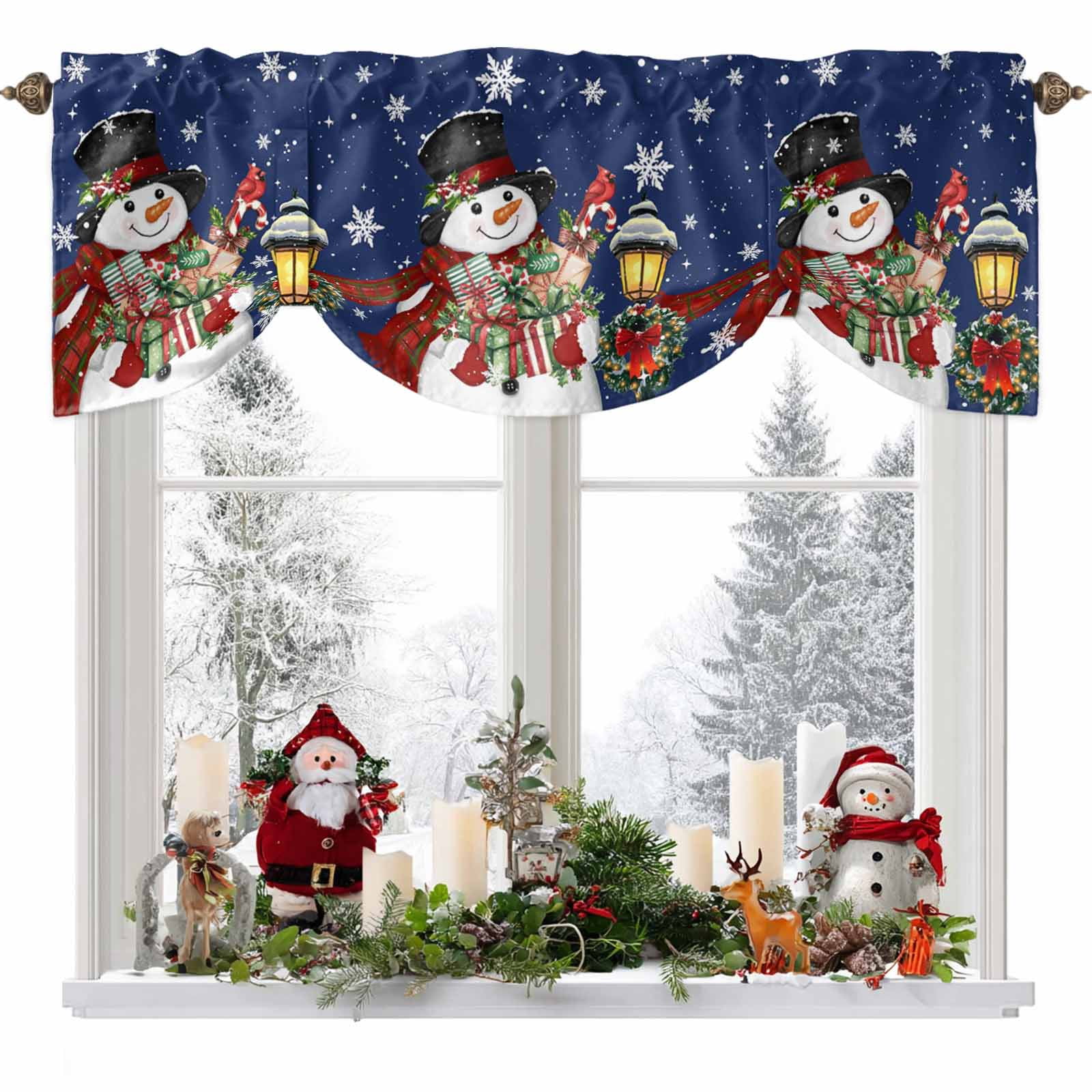 Christmas Snowman Tie Up Valances Curtain, Xmas Box Winter Wreaths ...