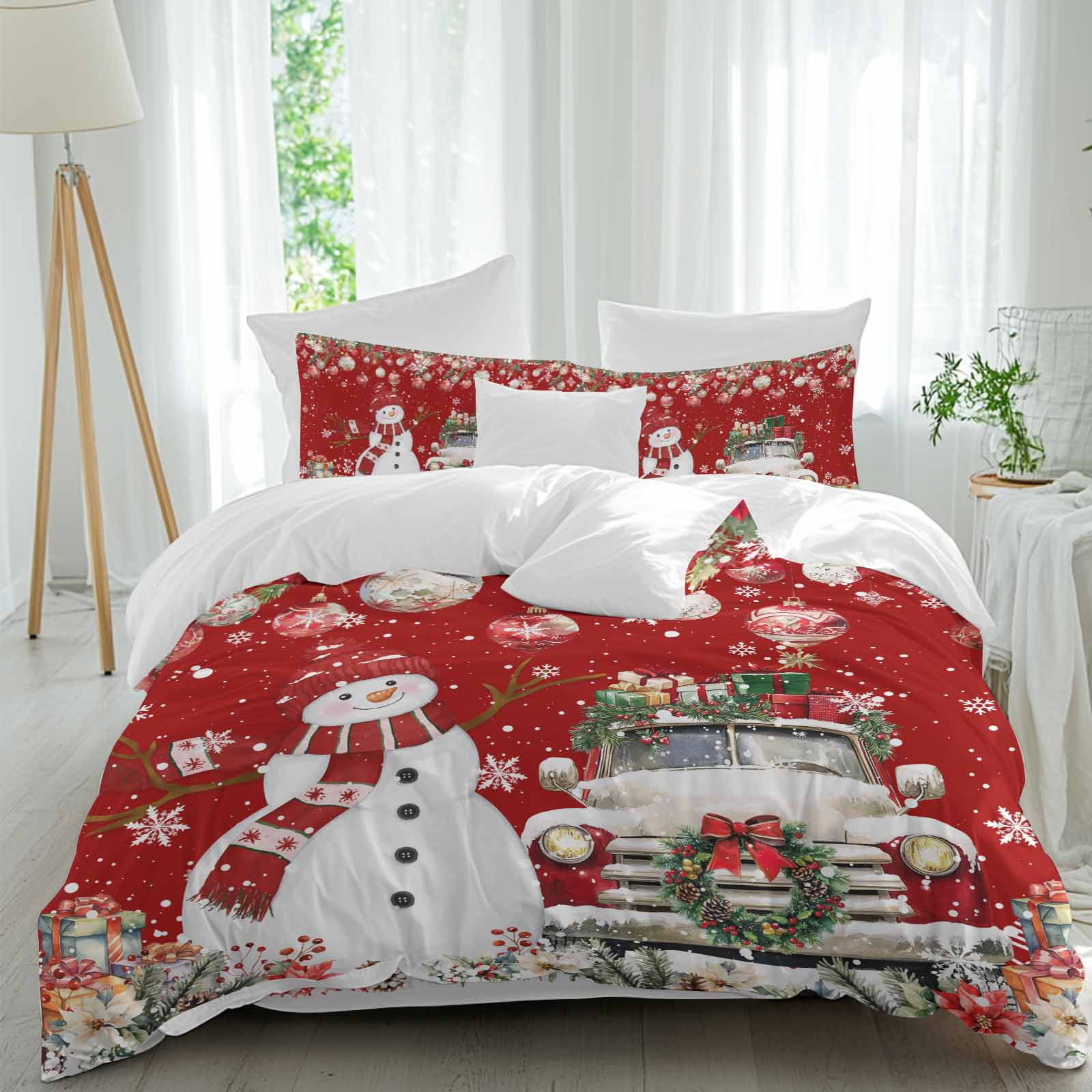 Christmas Snowman Truck Comforter Set Queen Size, Poinsettia Leaf Xmas ...