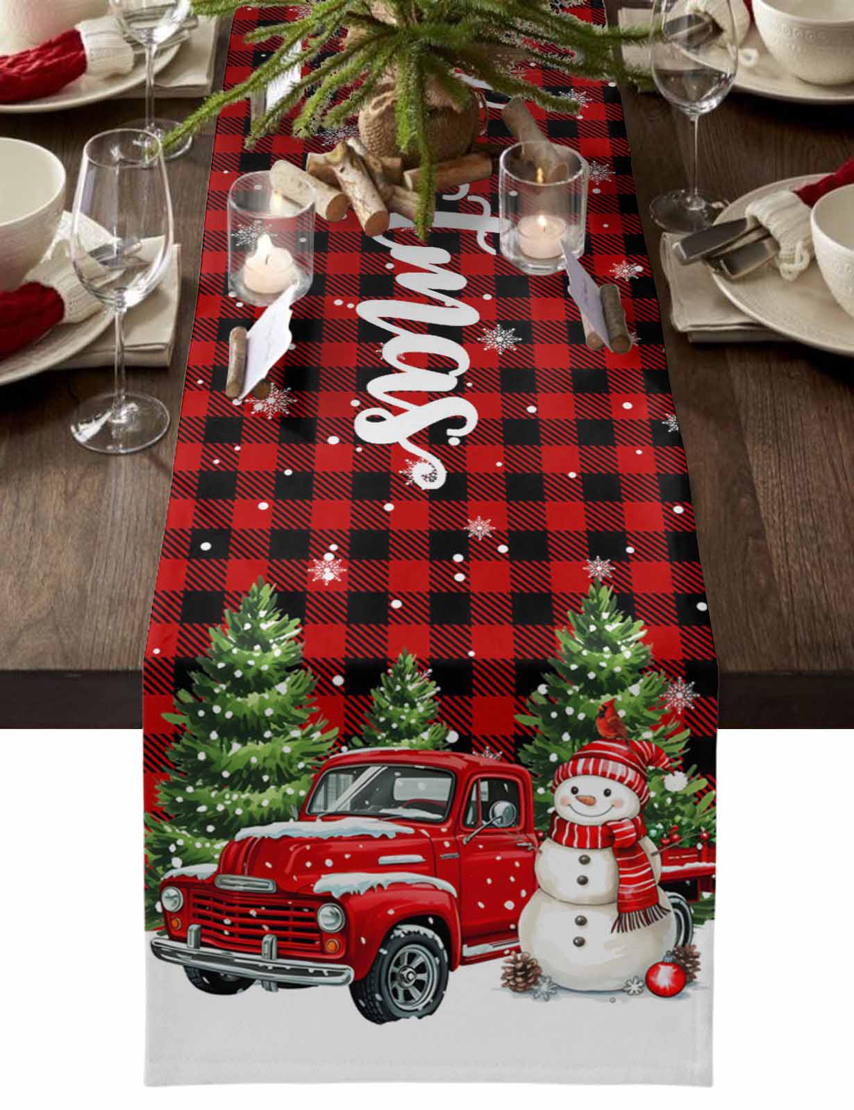 Christmas Snowman Truck Cotton Linen Table Runner for Dining Kitchen ...