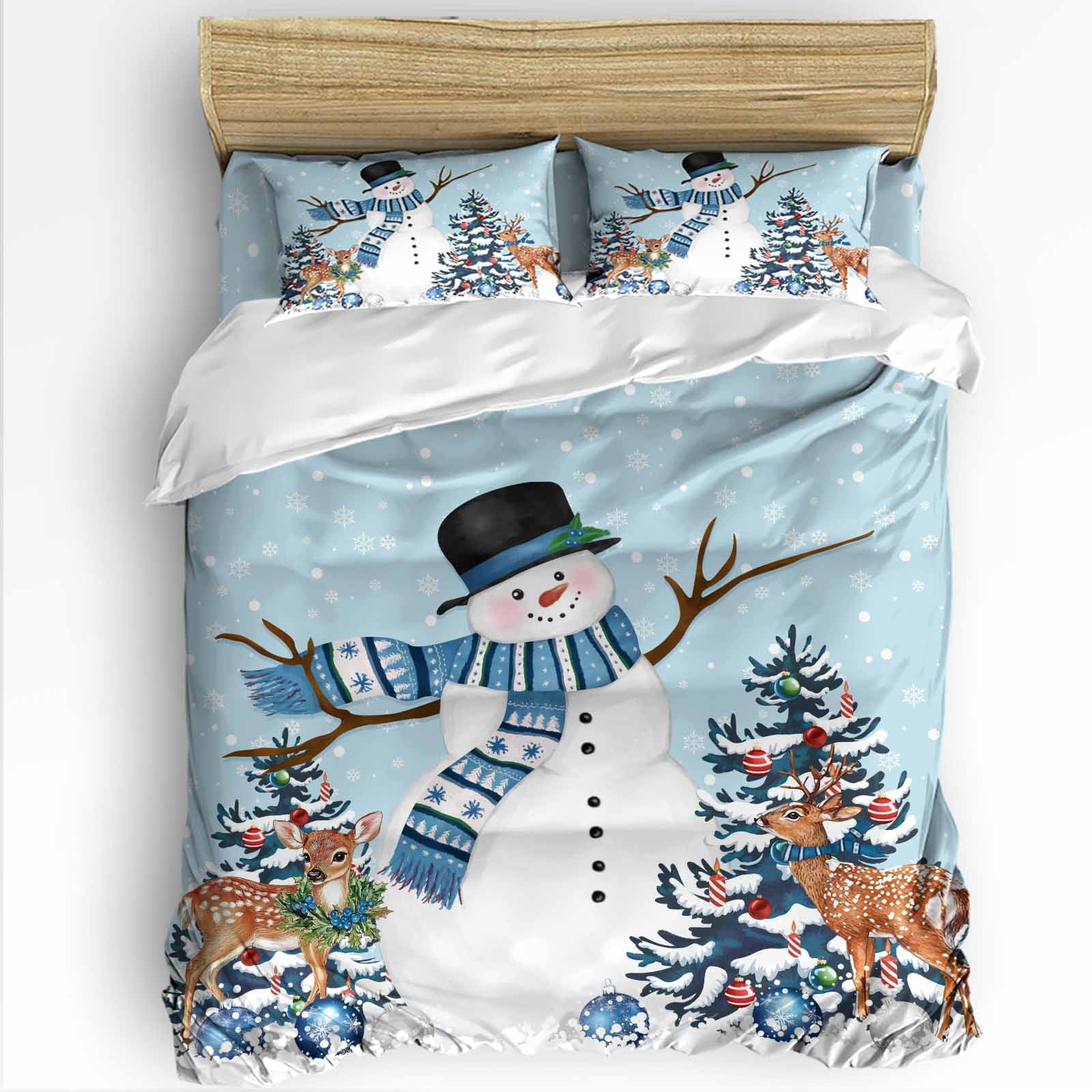 Christmas Snowman Twin Size Comforter Set, Xmas Tree Deer Light Blue ...