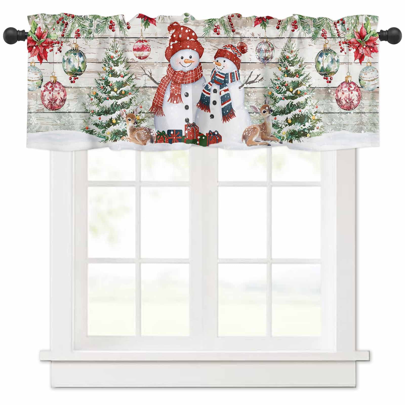 Christmas Snowman Valances for Windows, Elk Xmas Tree Wood Grain Light ...