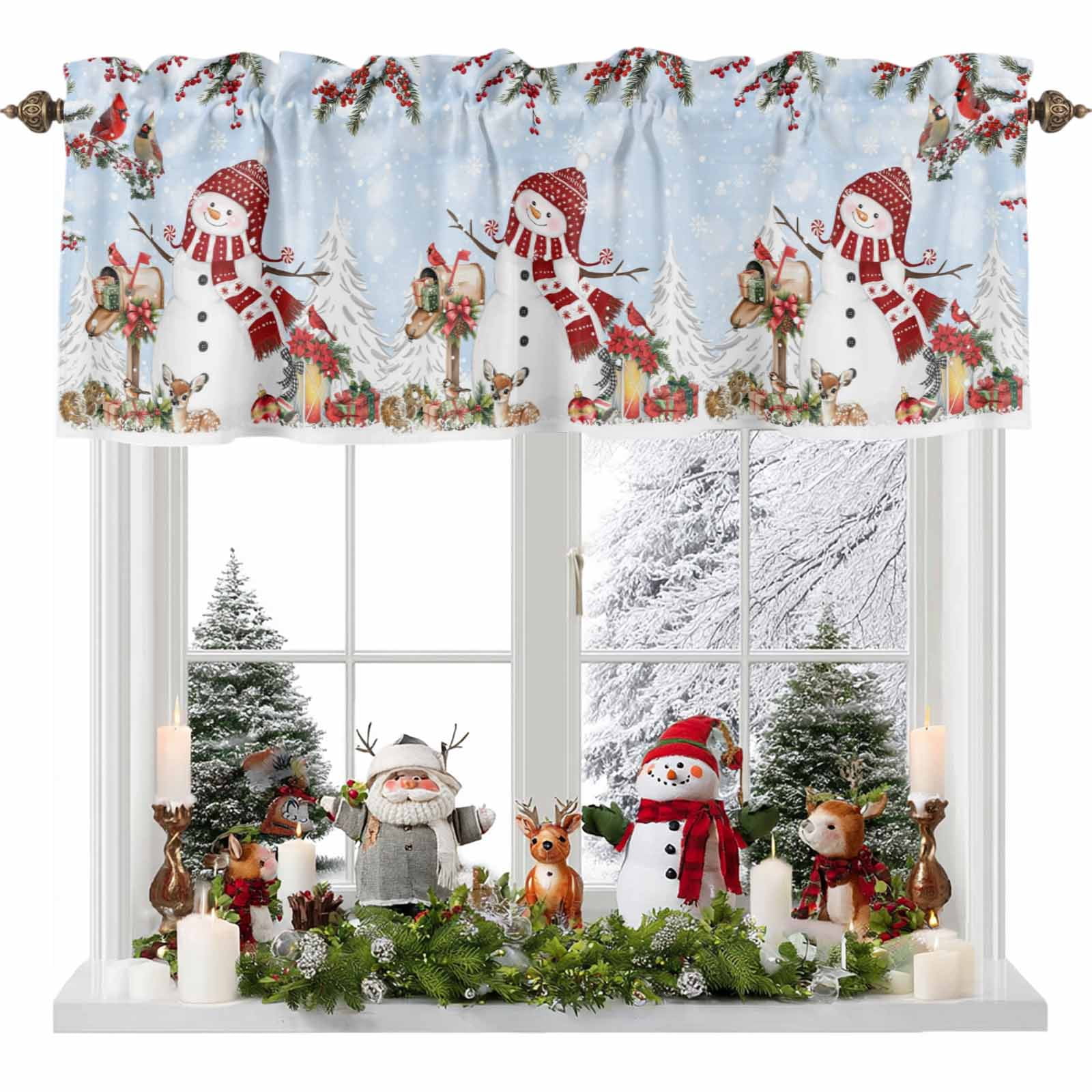 Christmas Snowman Valances for Windows, Red Snowman Berries Bird Pine ...