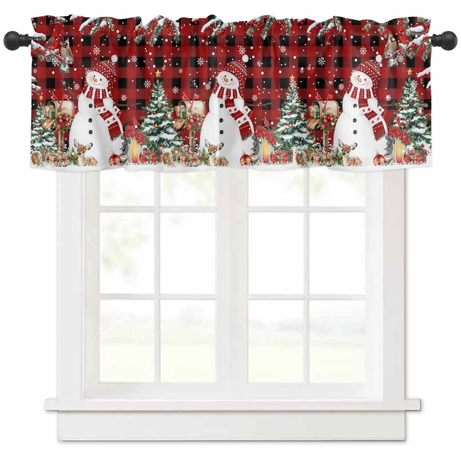 Christmas Snowman Valances for Windows, Red Snowman Berries Bird Pine ...