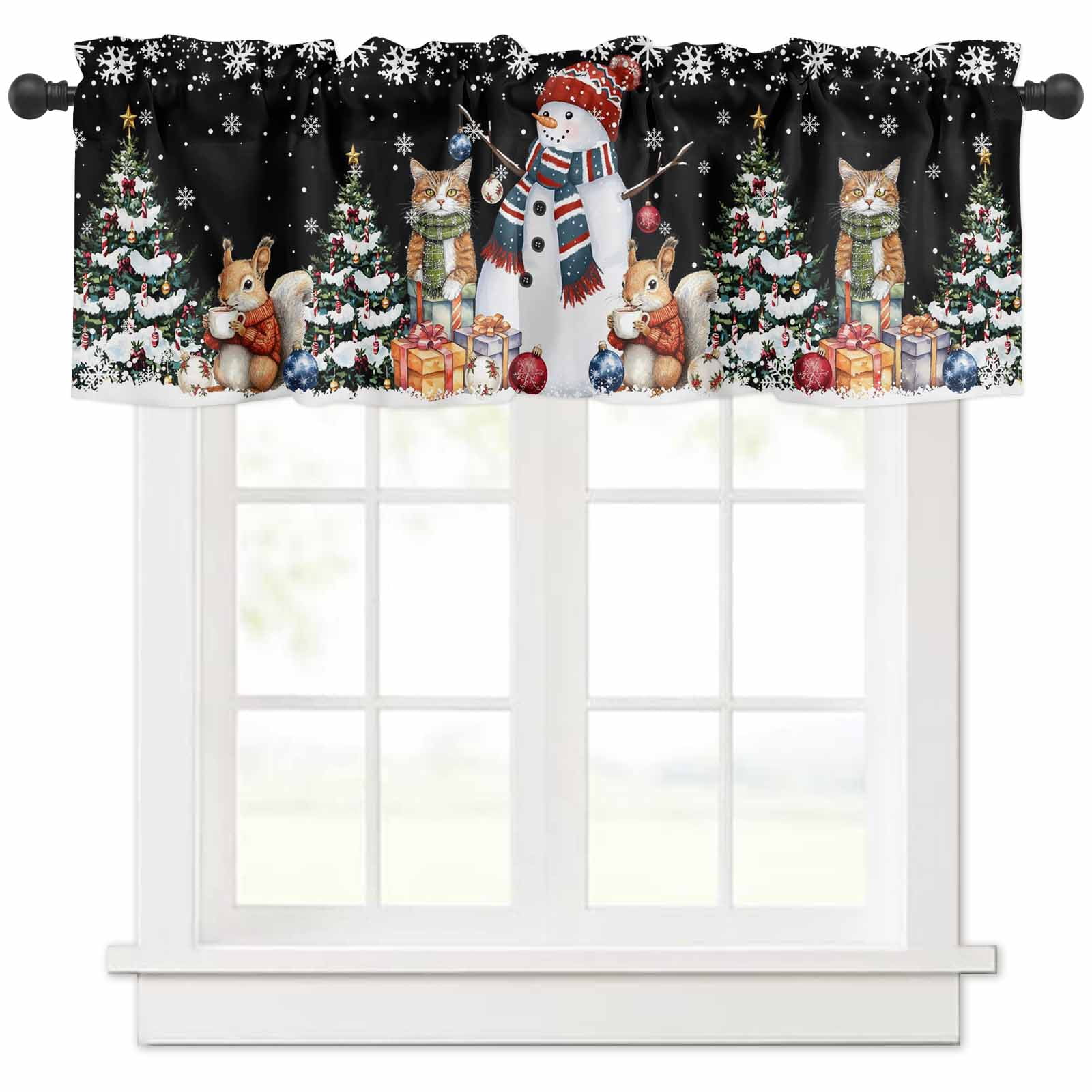 Christmas Snowman Valances for Windows, Squirrel Cat Winter Tree ...