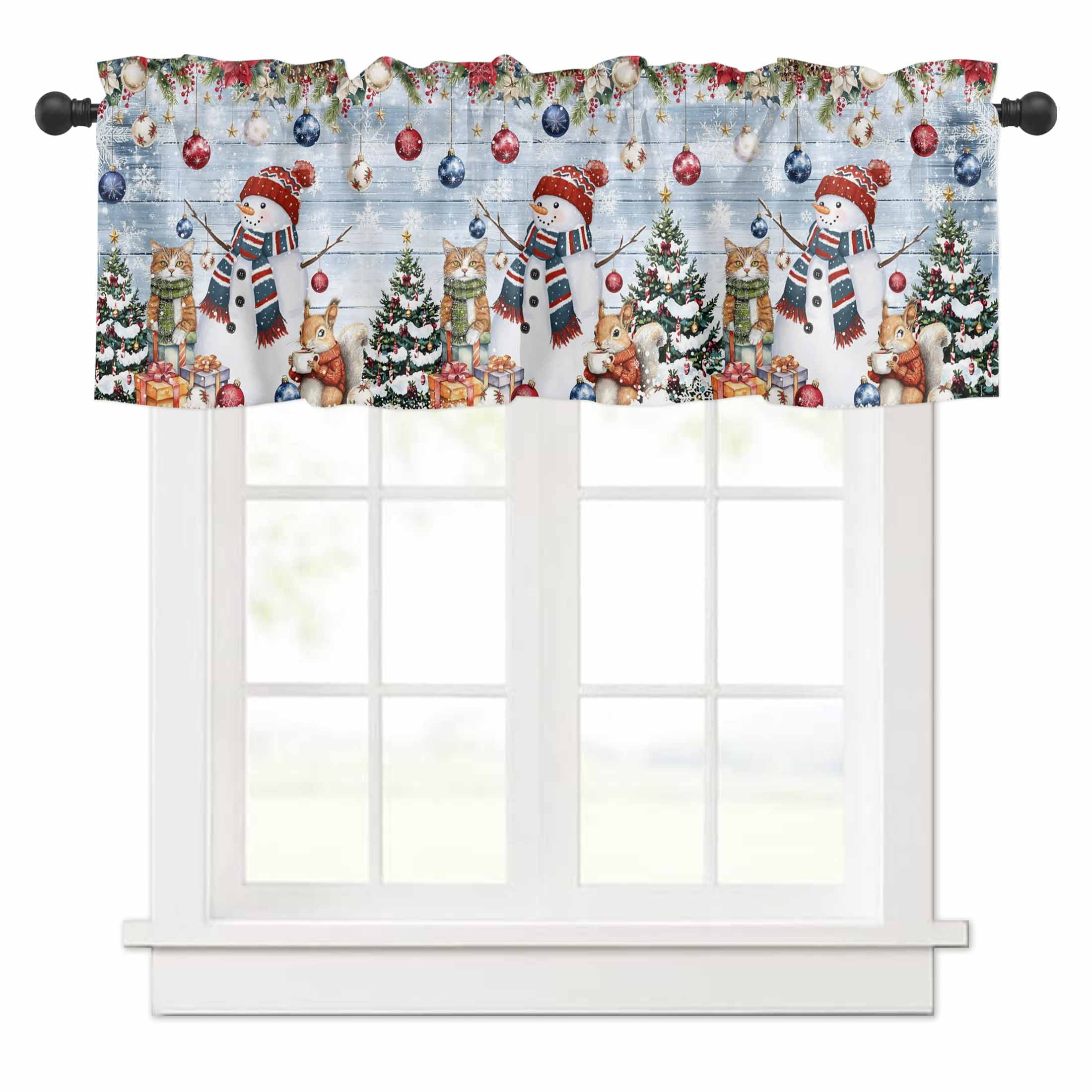Christmas Snowman Valances for Windows Squirrel Cat Xmas Tree Ball Blue ...