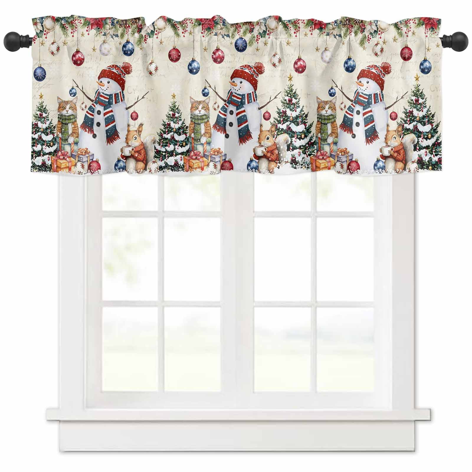 Christmas Snowman Valances for Windows, Squirrel Cat Xmas Tree Ball ...