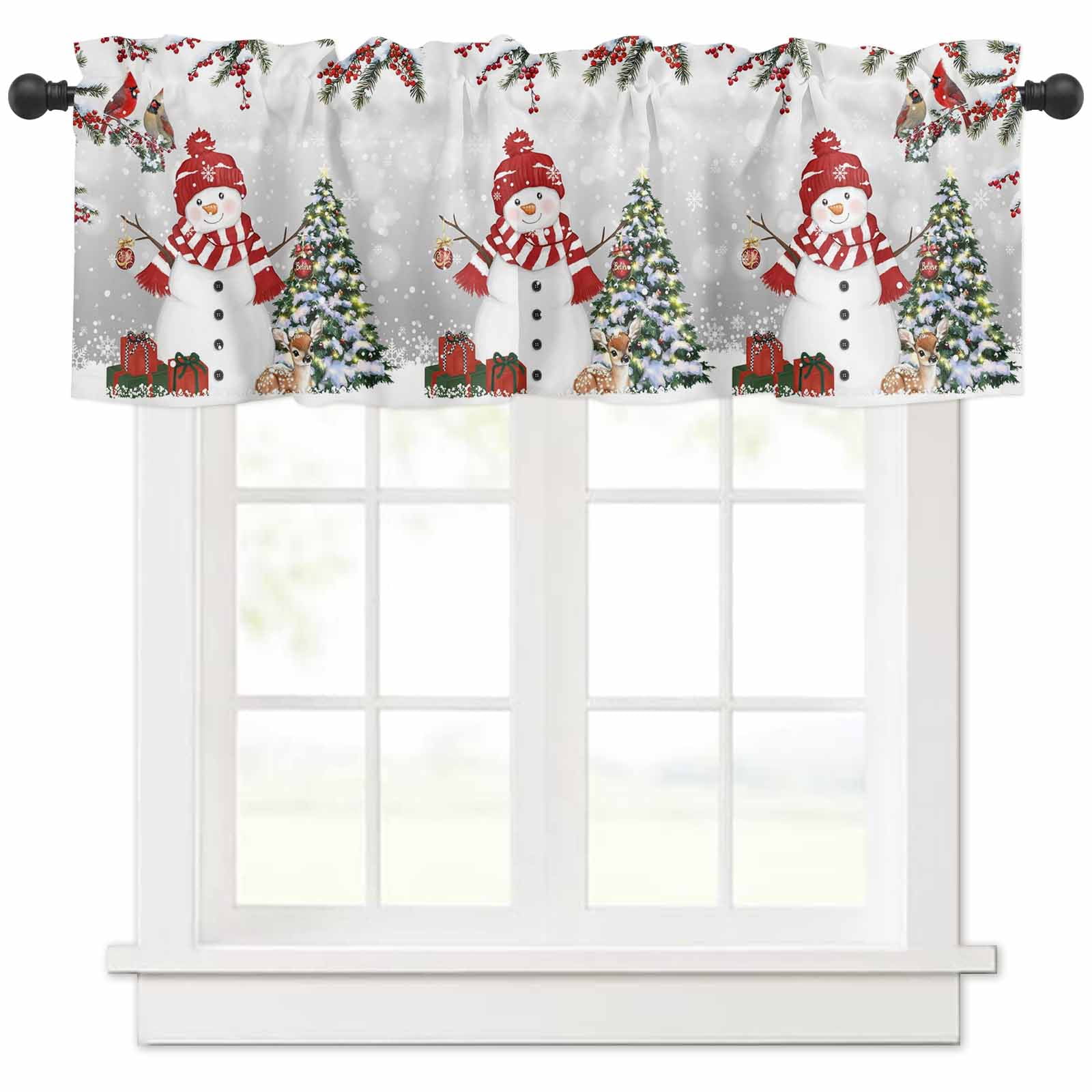 Christmas Snowman Valances for Windows, Winter Cardinal Bird Berry Fir ...