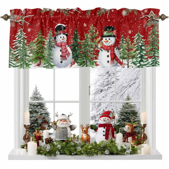 Christmas Snowman Valances for Windows, Winter Pine Needle Tree Bird ...