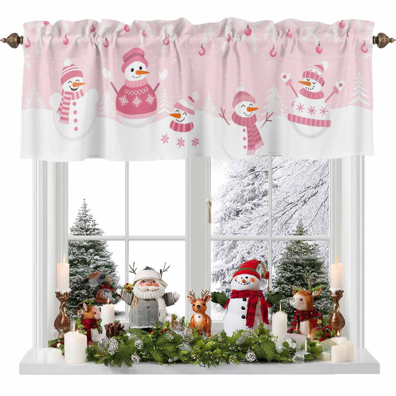 Christmas Snowman Valances for Windows, Winter Pink White Snowflakes ...
