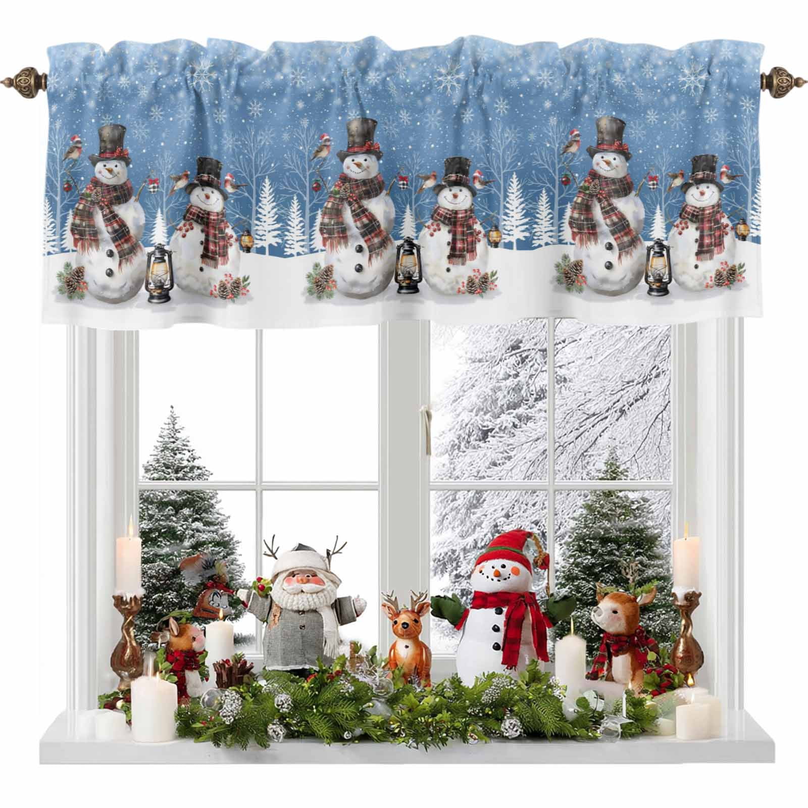 Christmas Snowman Valances for Windows, Winter Snowflake Tree Pine Cone ...