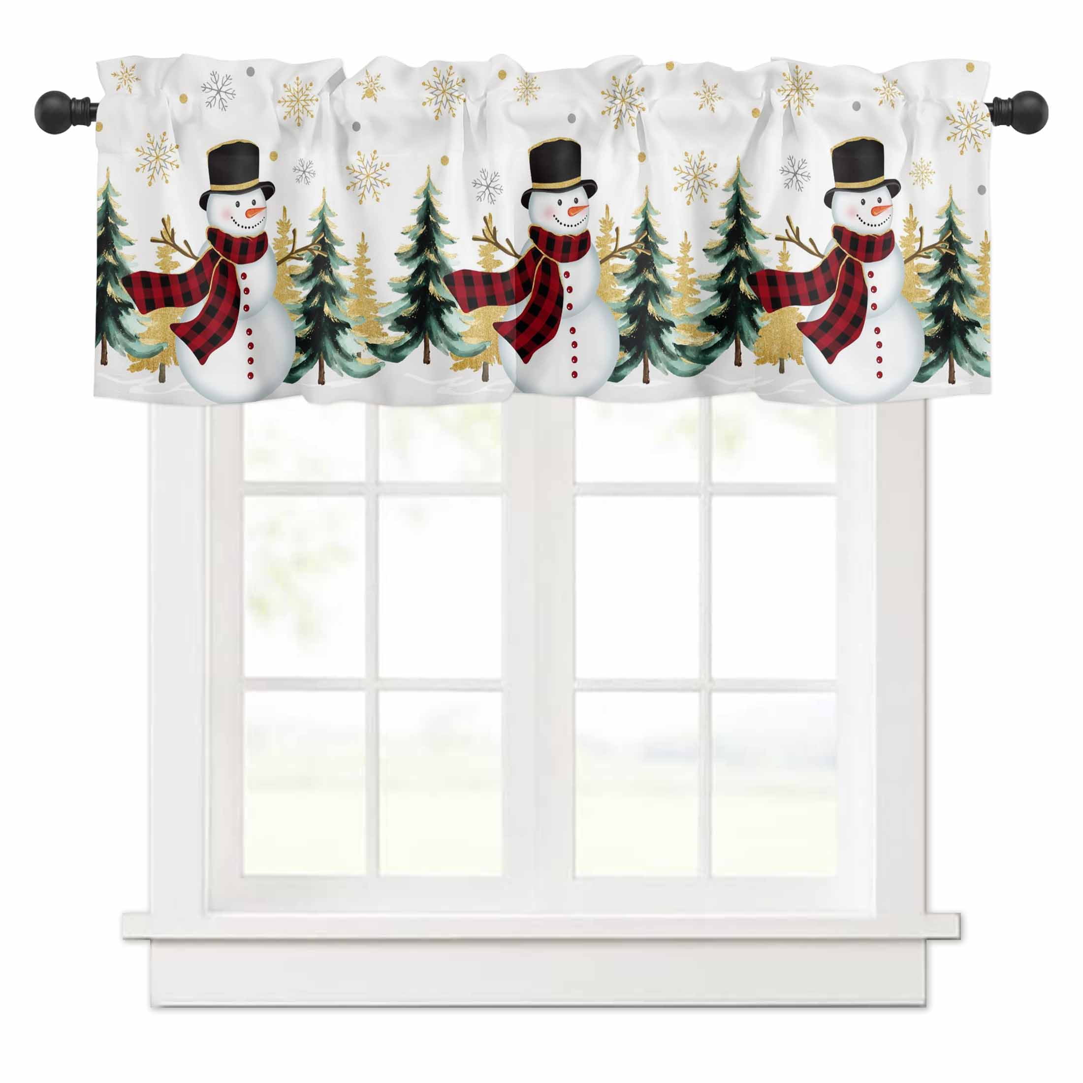 Christmas Snowman Valances for Windows Winter Tree Gold Snowflakes Rod ...