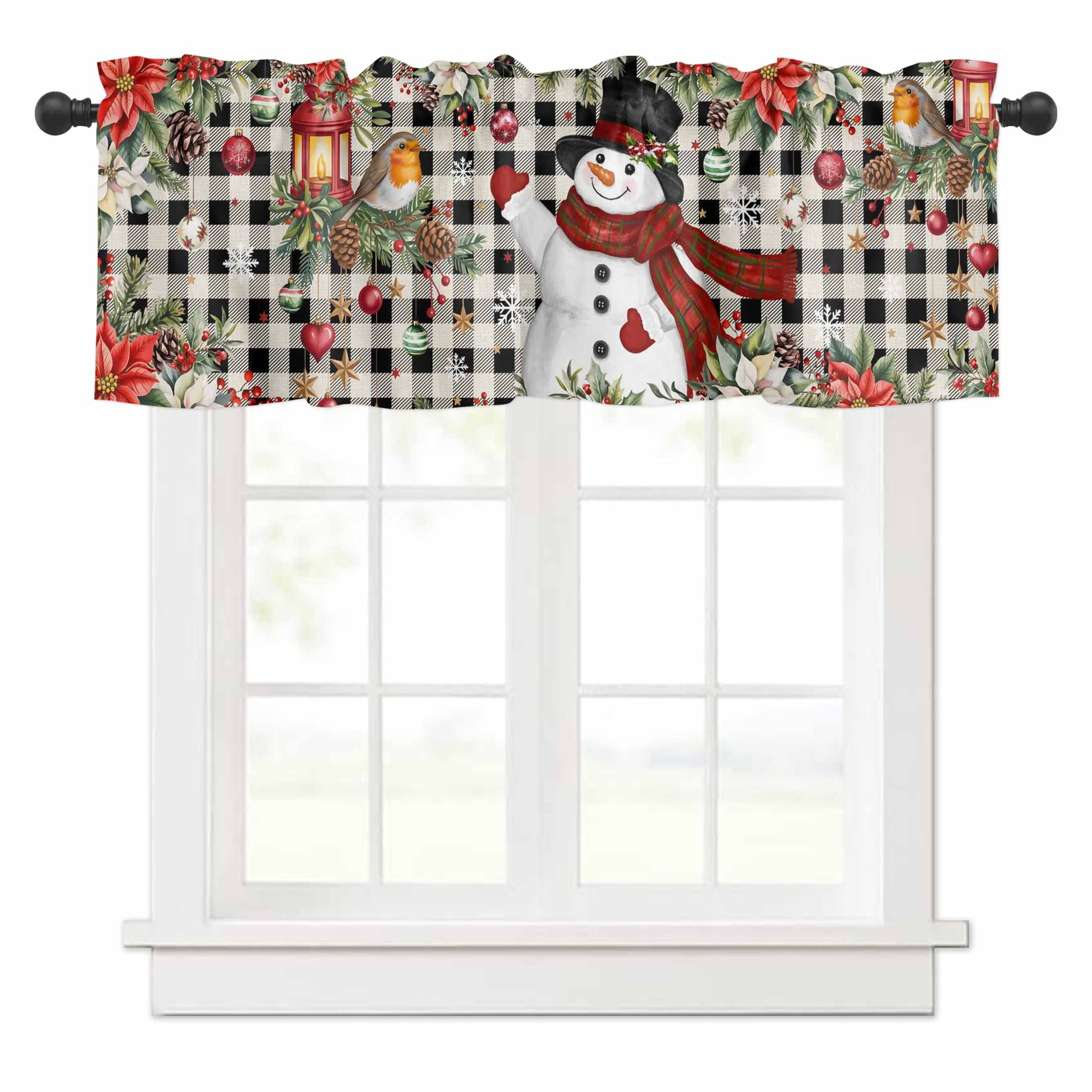 Christmas Snowman Valances for Windows Xmas Poinsettia Birds Balls ...