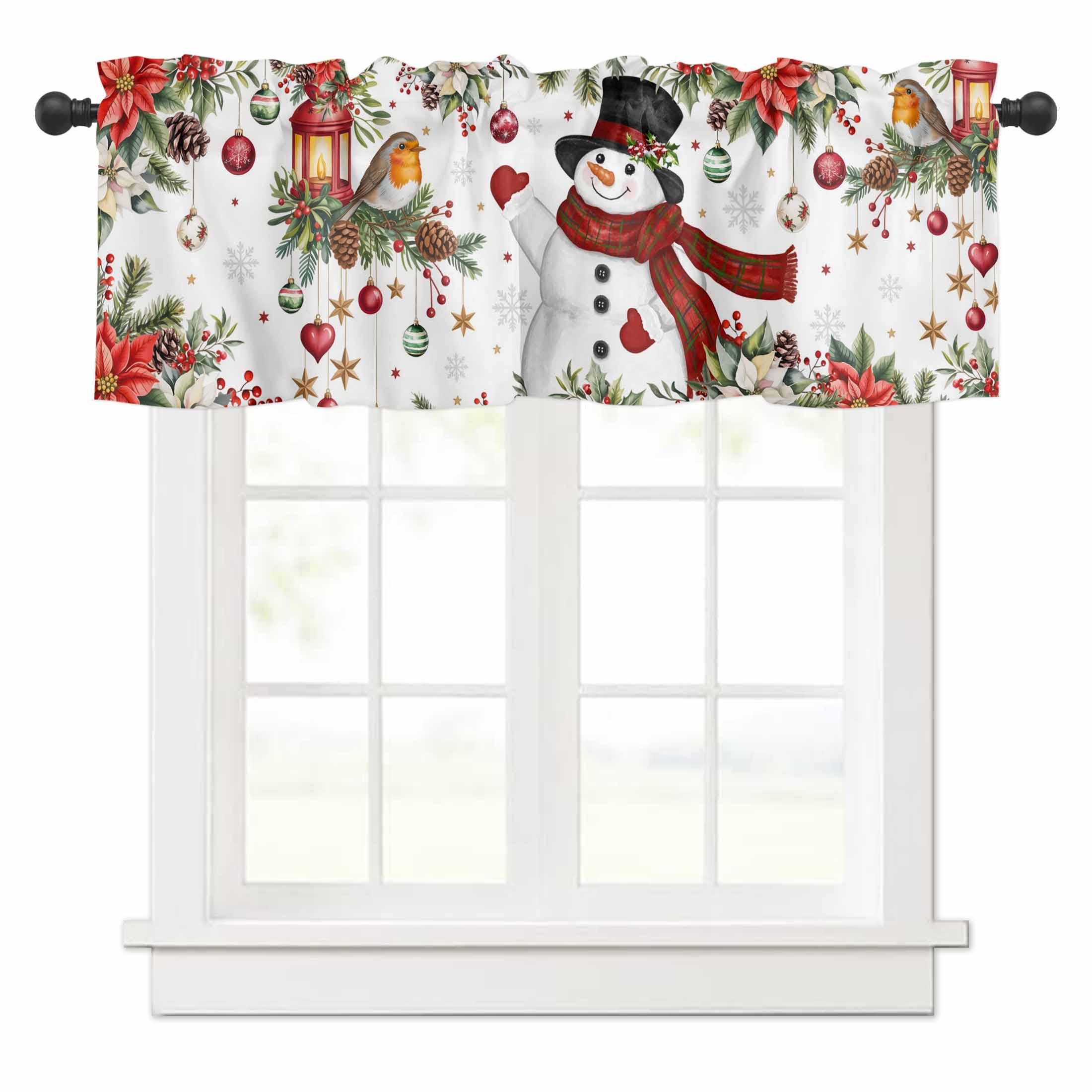 Christmas Snowman Valances for Windows Xmas Poinsettia Birds Balls ...