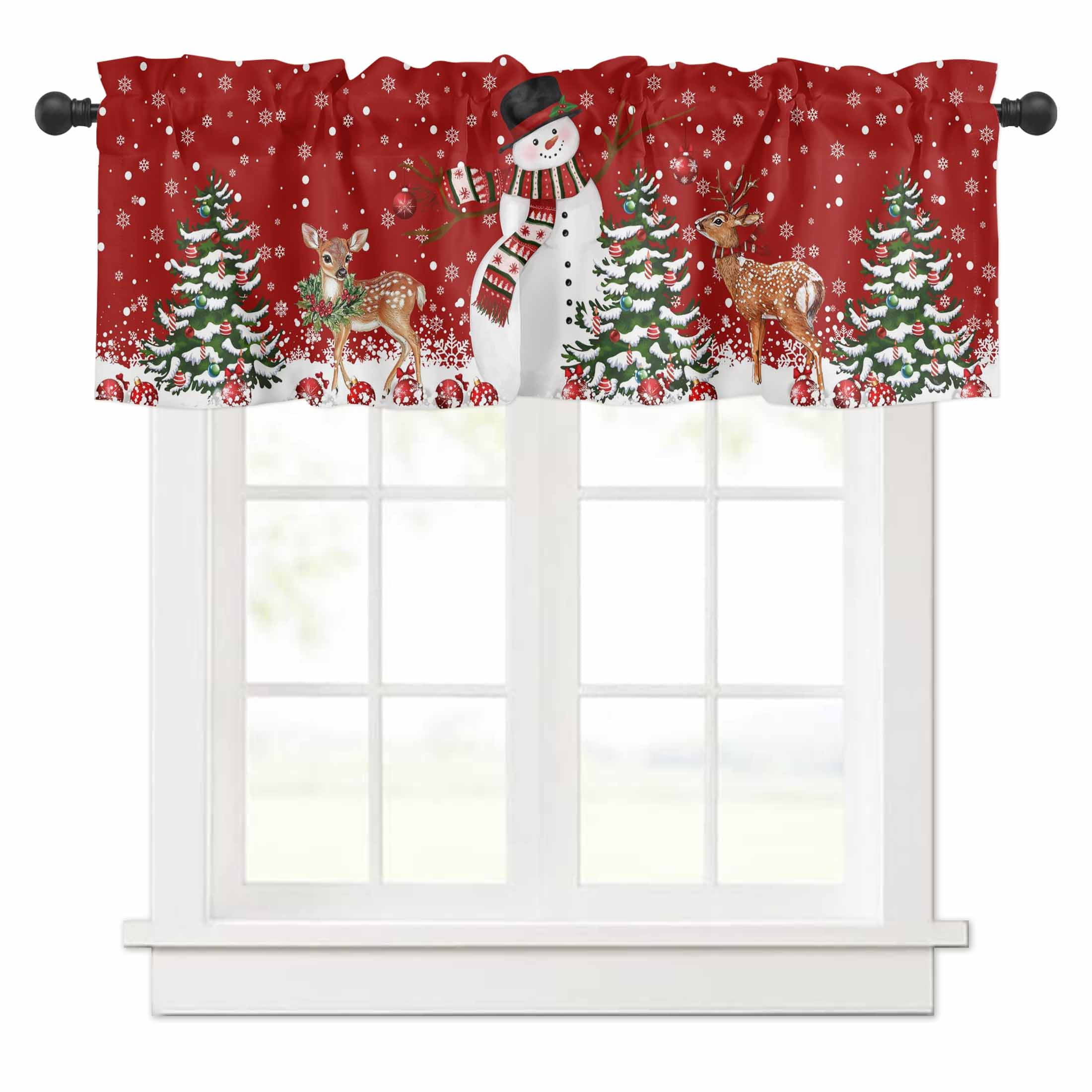 Christmas Snowman Valances for Windows Xmas Tree Deer Balls Winter Snow ...
