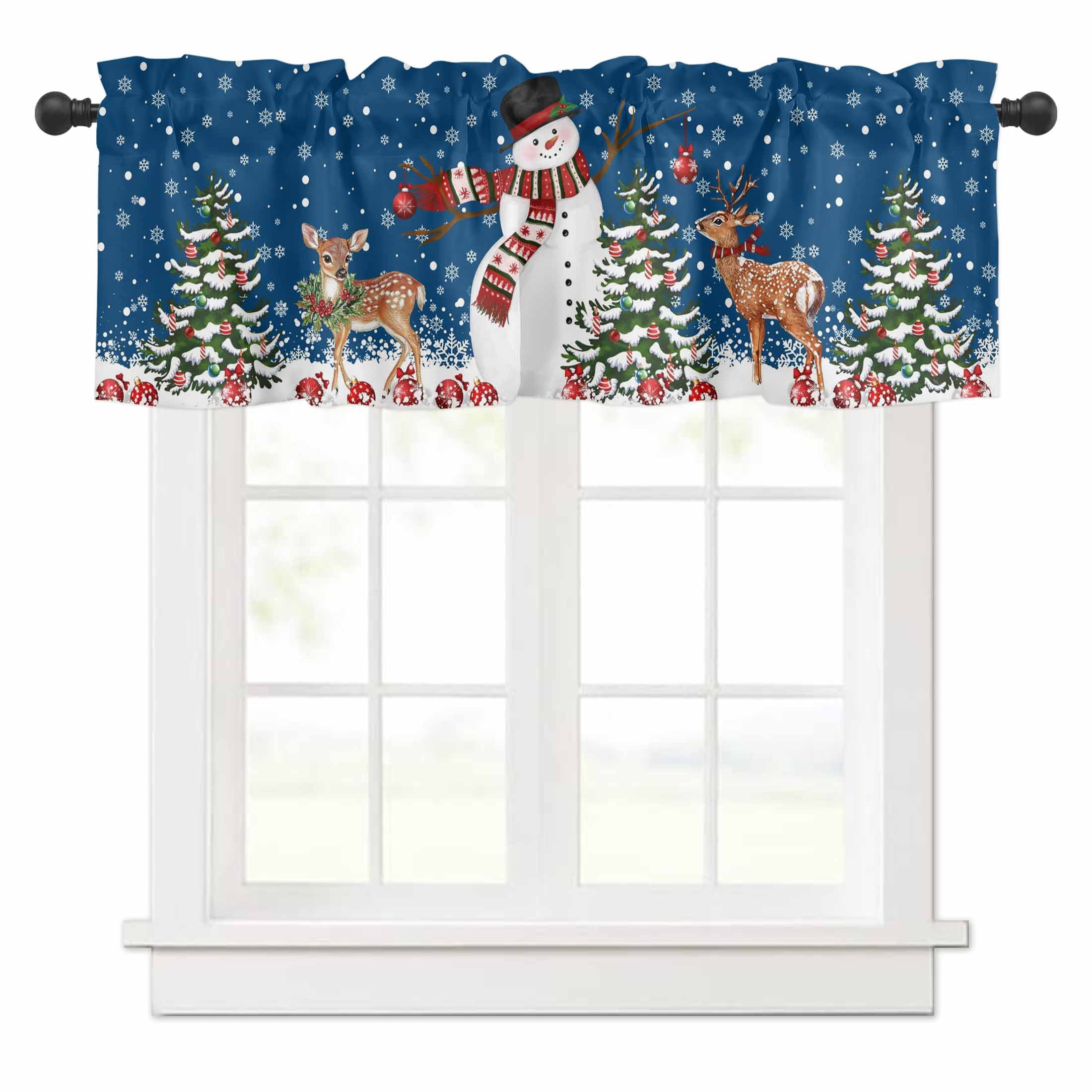 Christmas Snowman Valances for Windows Xmas Tree Deer Winter Snow Scene ...