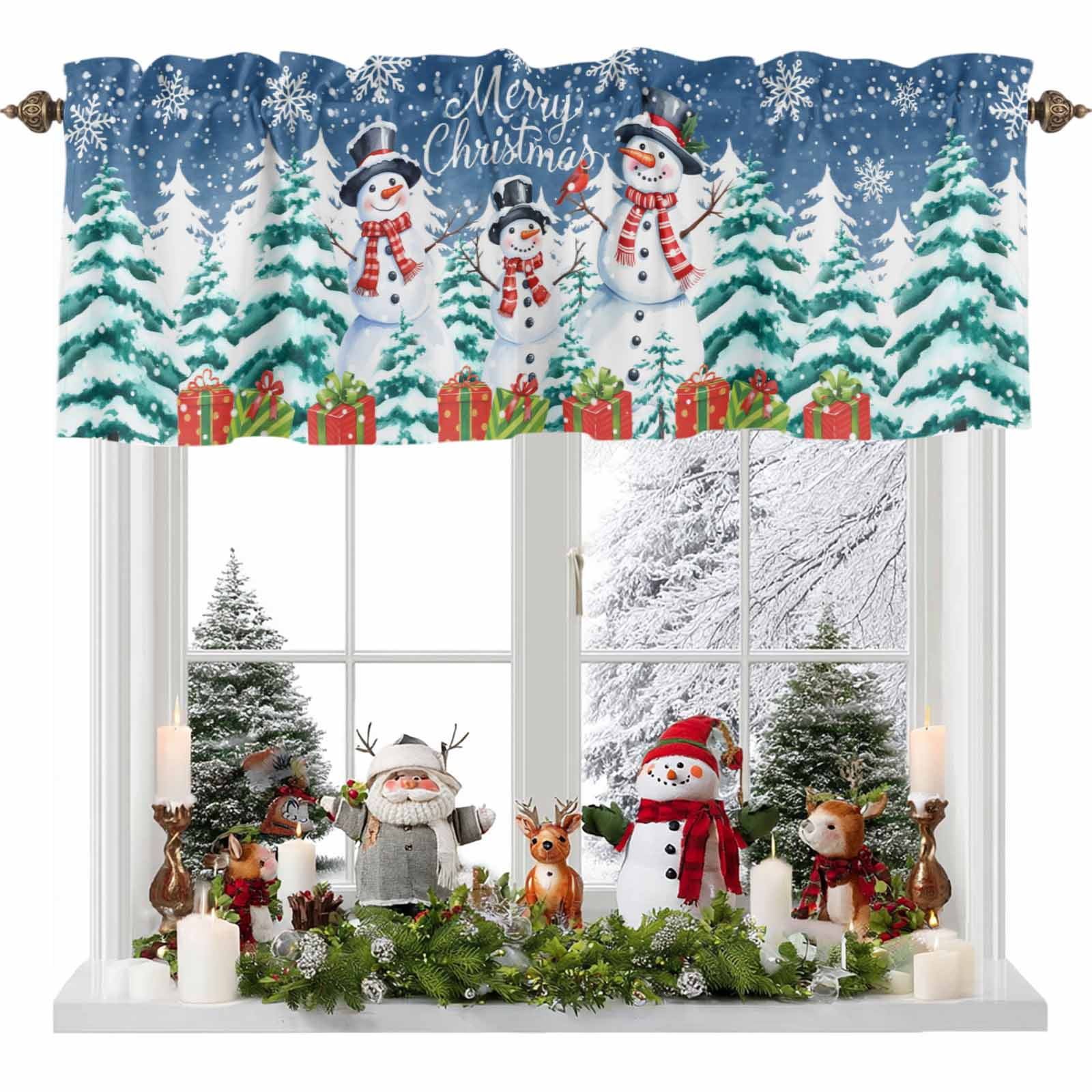 Christmas Snowman Valances for Windows, Xmas Trees Gifts Cardinal Bird ...