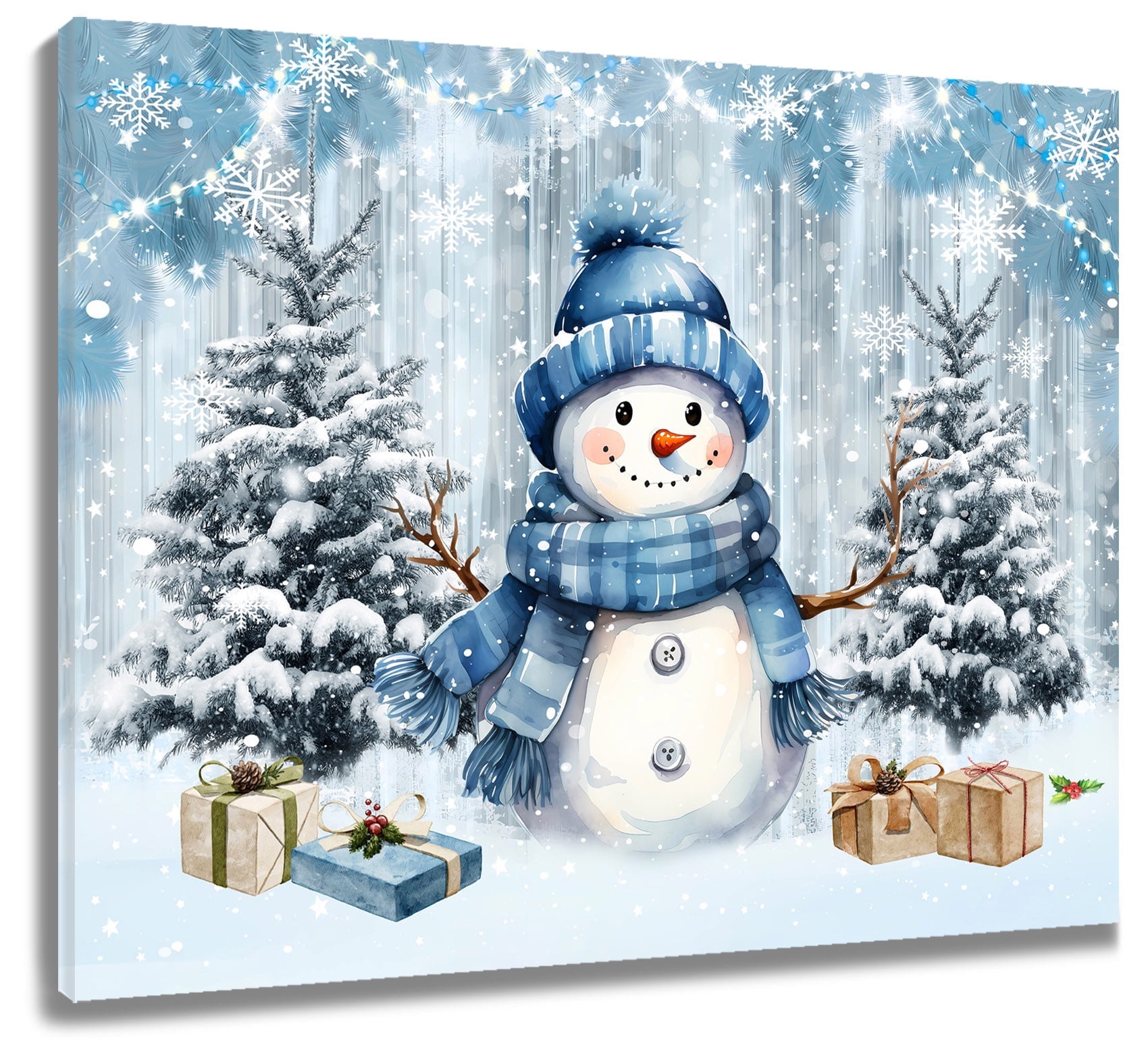 Christmas Snowman Wall Art, Blue White Snowman and Pine Tree with Gift ...
