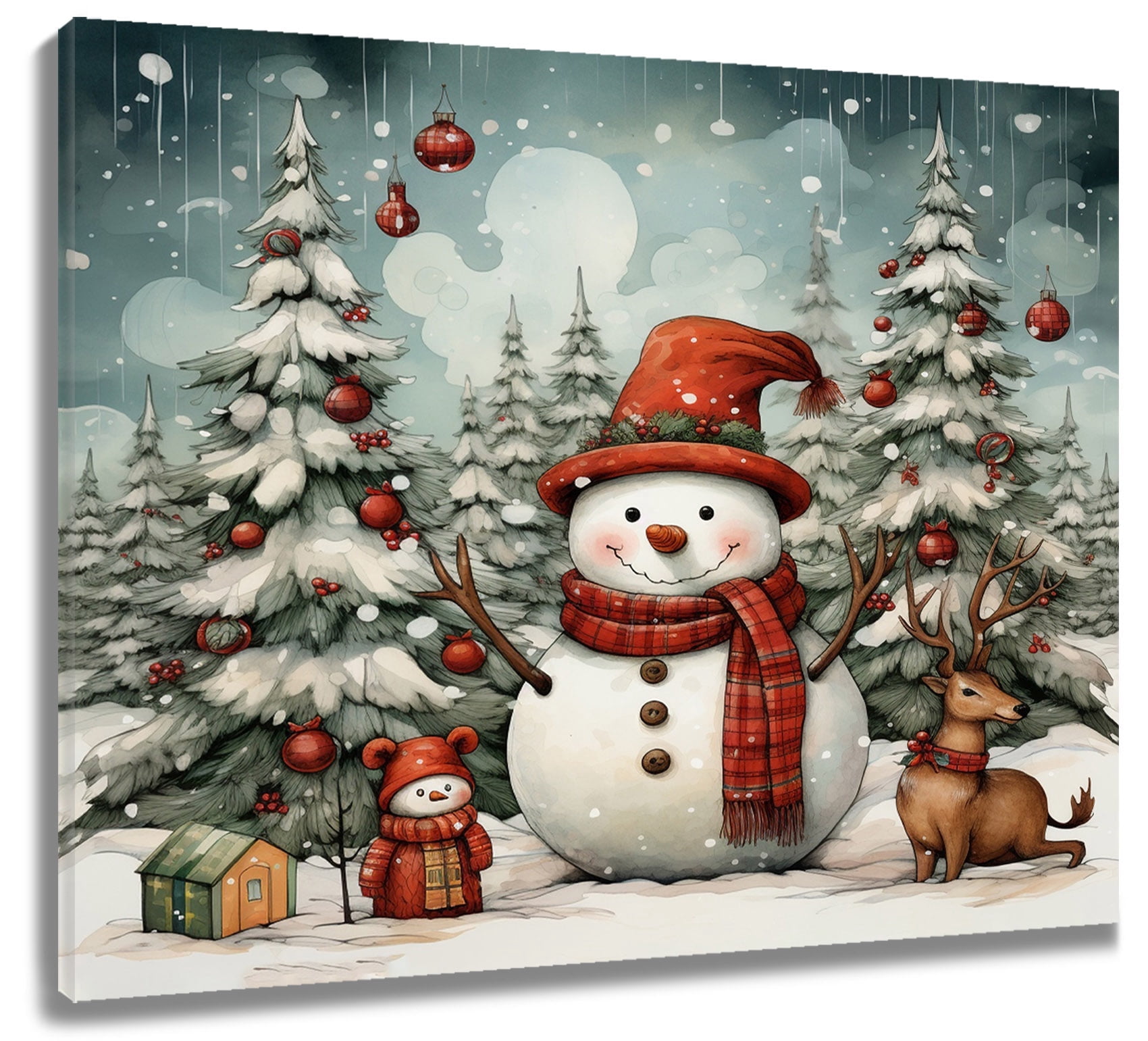 Christmas Snowman Wall Art, Red Hat Snowman and Deer in Pine Tree ...