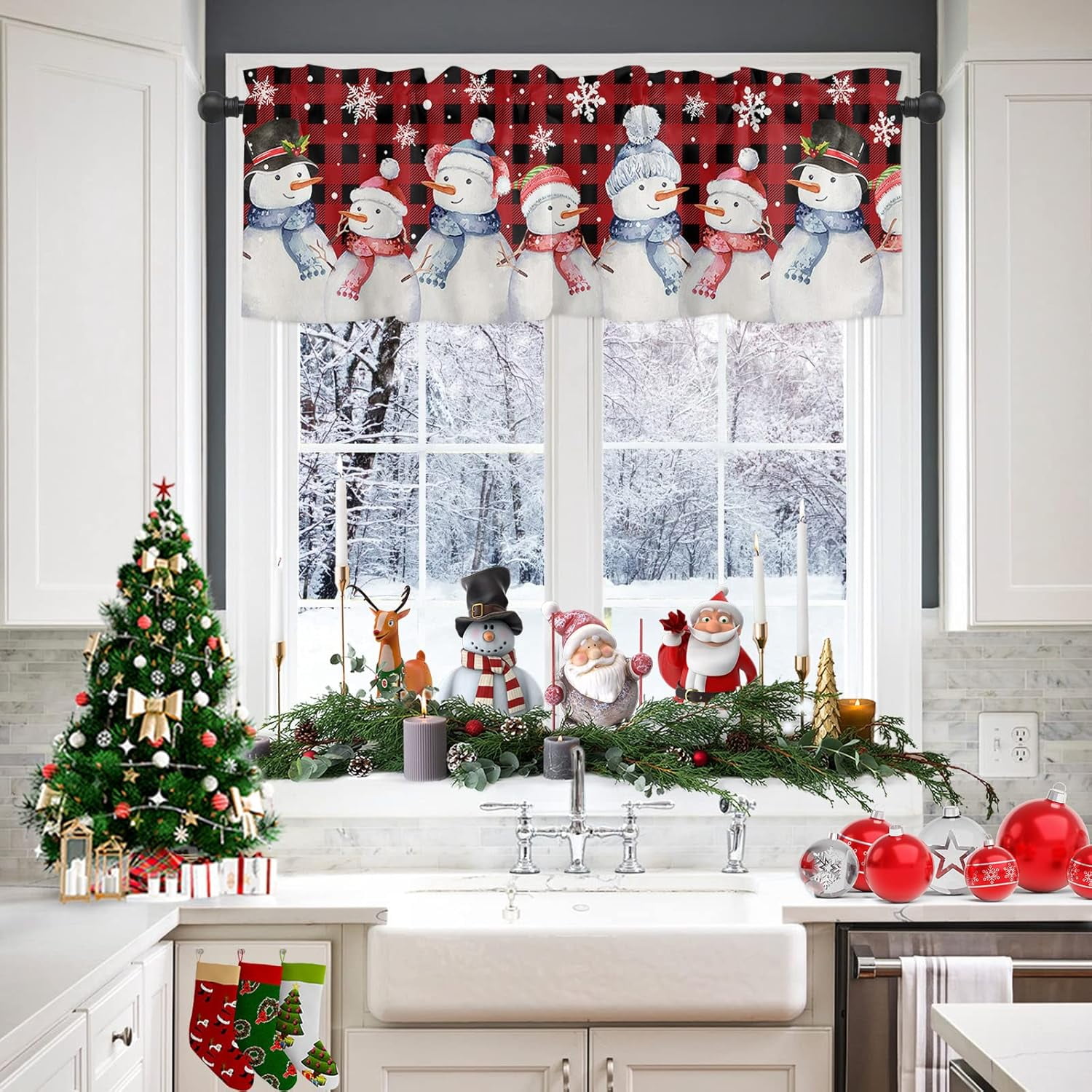 Christmas Snowman Window Valance Rod Pocket Short Curtain Red Panels ...