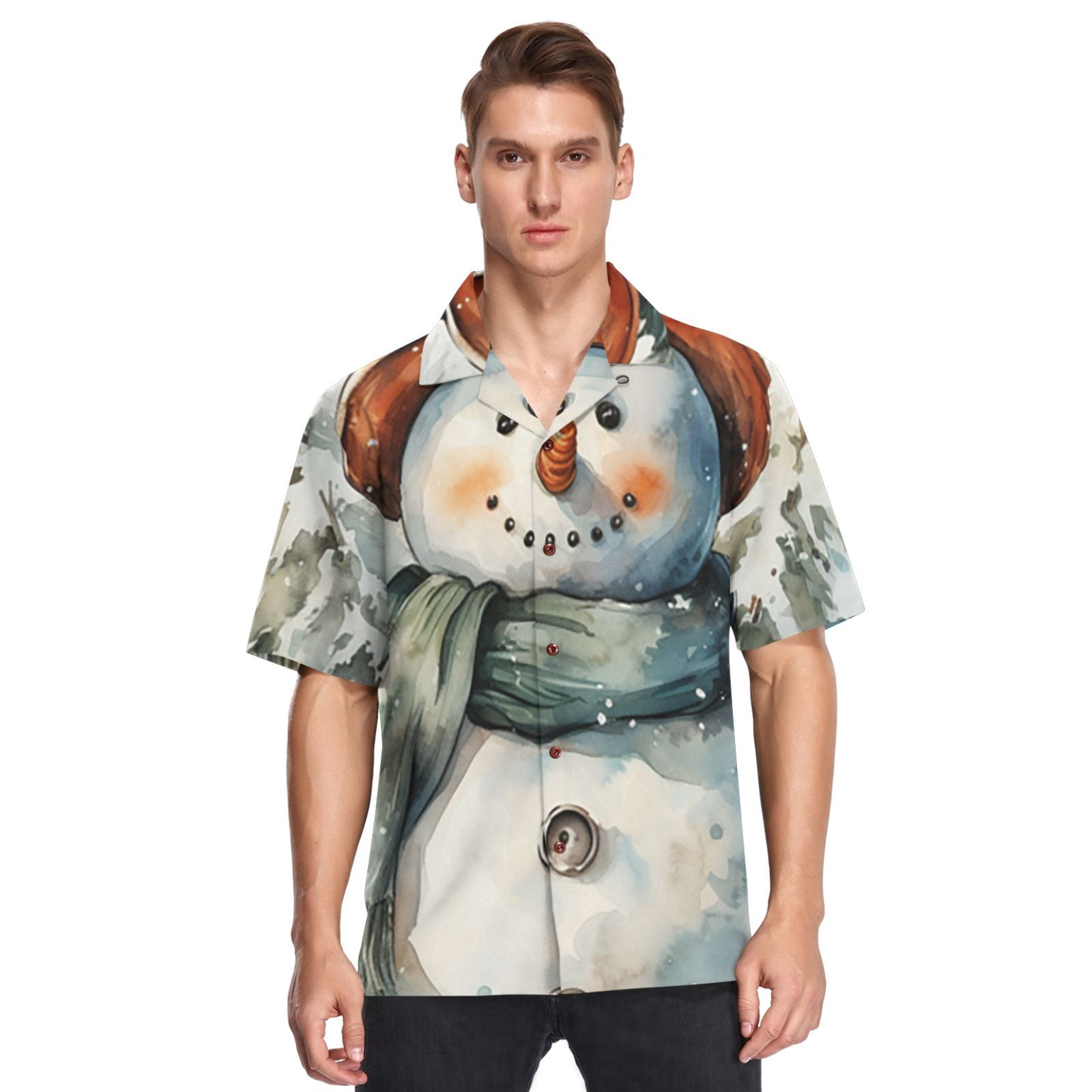 Christmas Snowman and Trees Men's Hawaiian Wrinkle Free Button Down ...