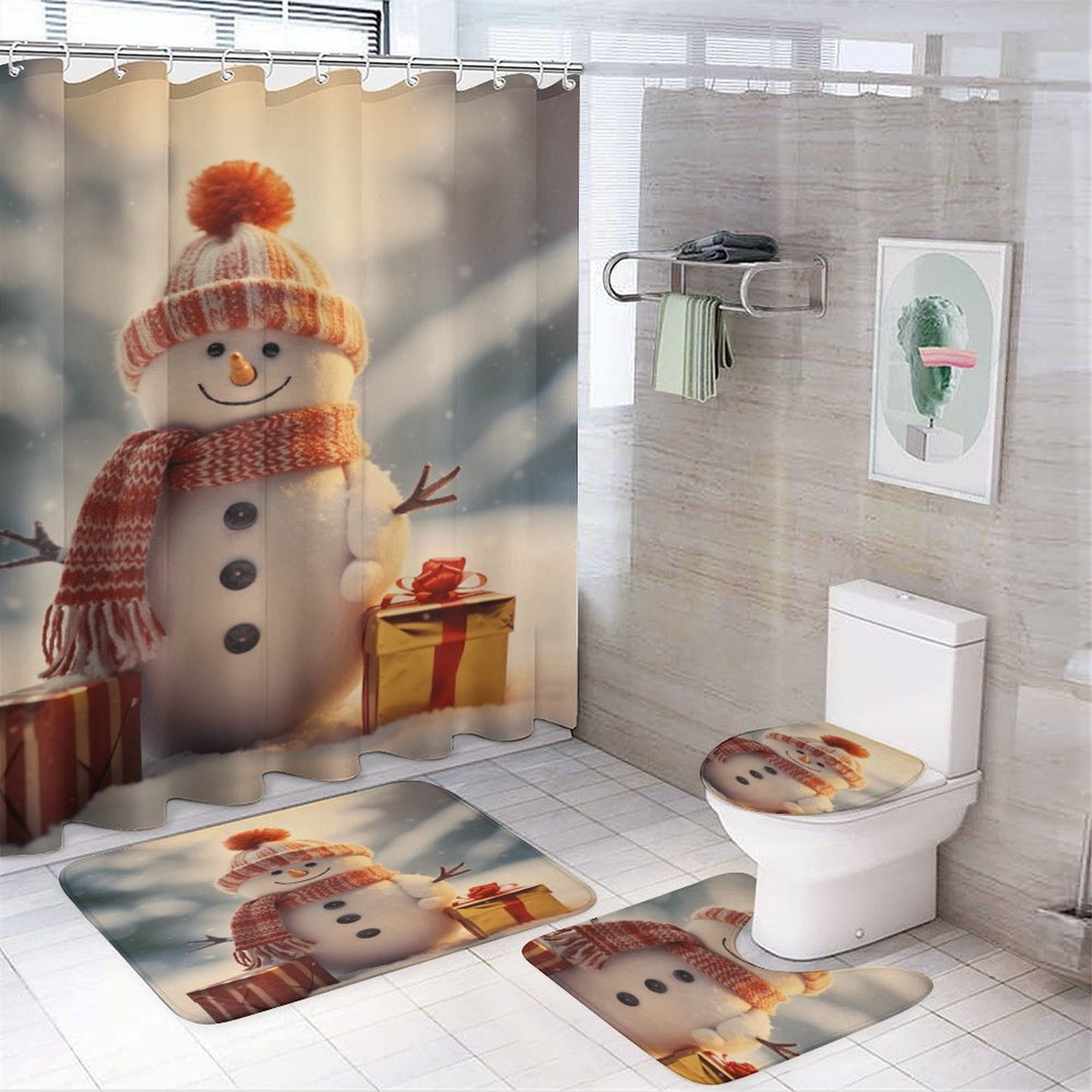 Christmas Snowmen 4Pcs Shower Curtain Set Shower Curtain Set with ...