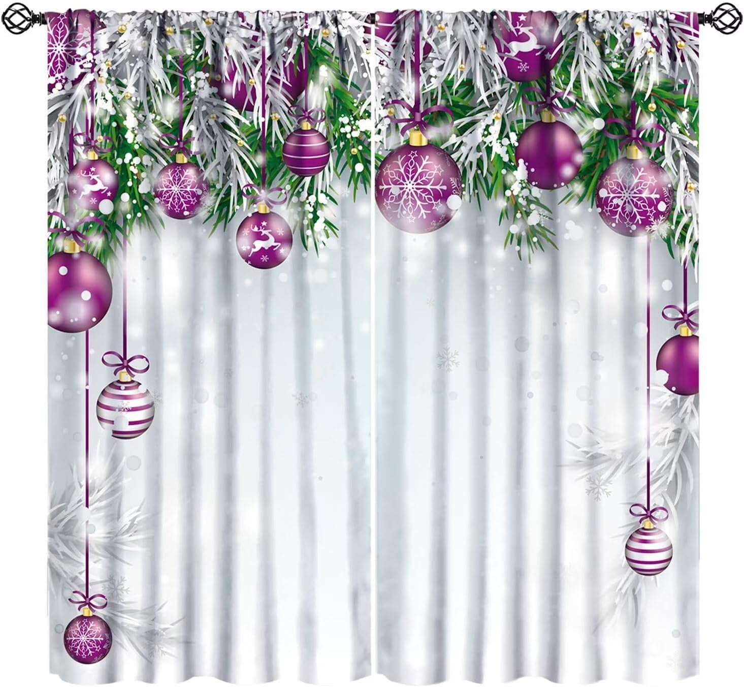 Christmas Snowy Curtains, Pueple Xmas Balls Green Pine Branches ...