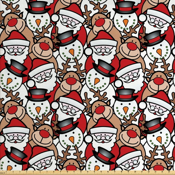 Ambesonne Christmas Fabric by the Yard Upholstery, Snowman Reindeer, 5 ...