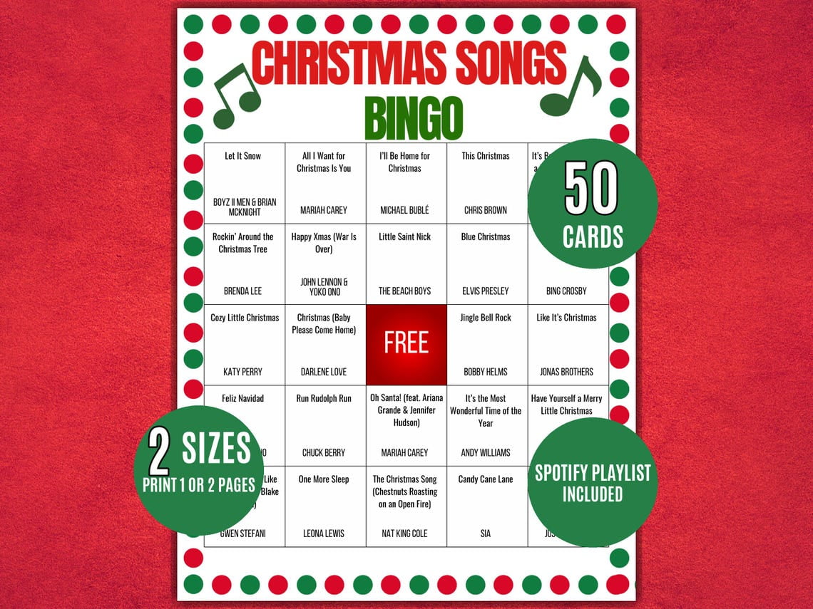 Christmas Song Bingo Printable 50 Holiday Music Bingo Cards Christmas ...
