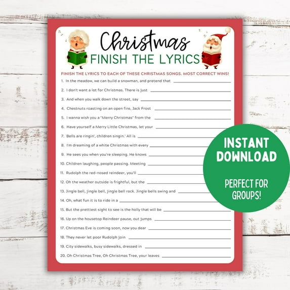 Christmas Song Trivia Game, Finish the Lyrics, Christmas Printable Game ...
