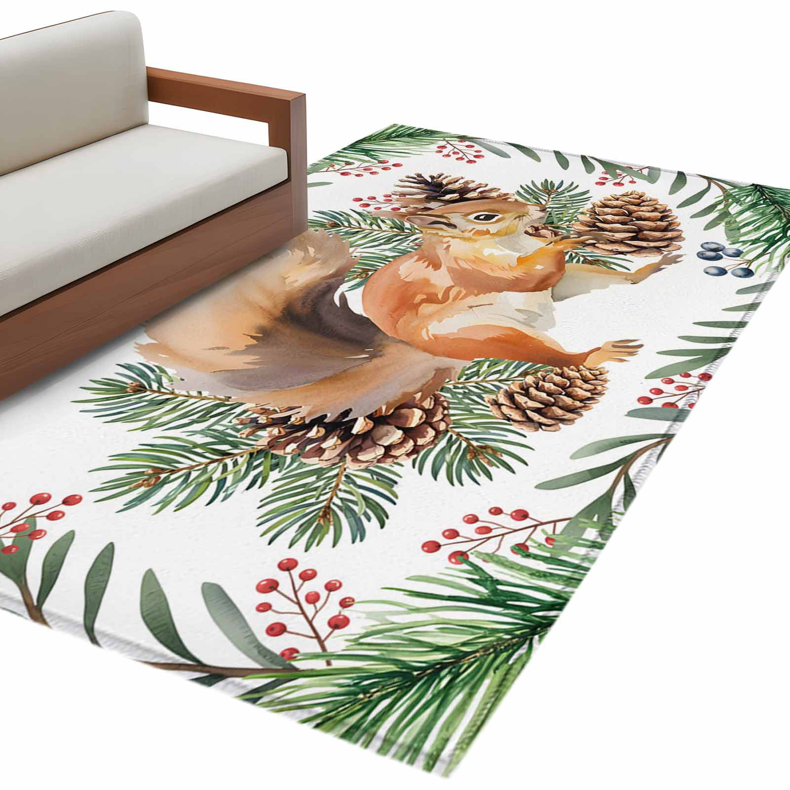 Christmas Squirrel Area Rug 2.7x5ft Winter Pine Cone Leaf Branch ...