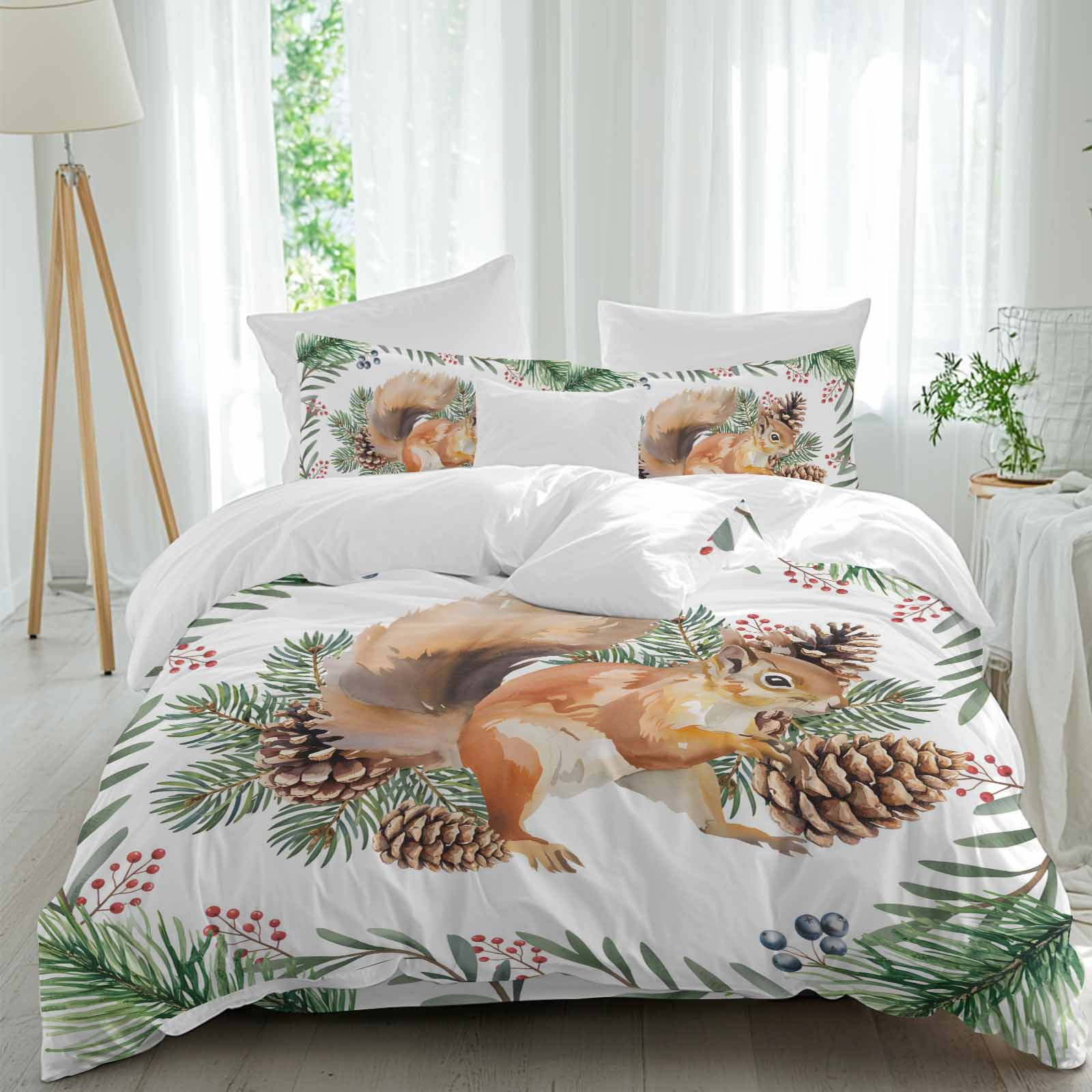 Christmas Squirrel Duvet Cover Set Queen Size, Winter Pine Cone Leaf ...