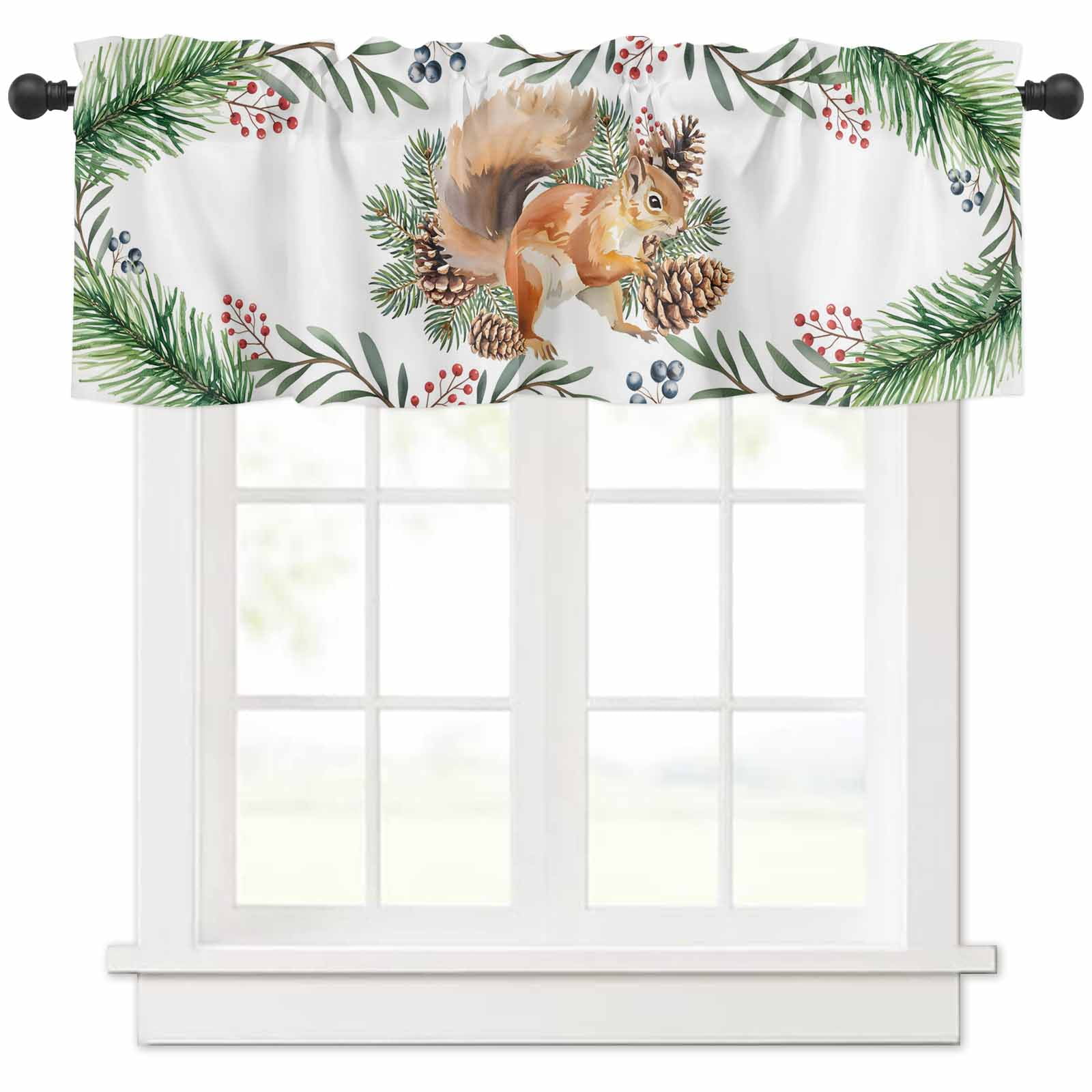 Christmas Squirrel Valances for Windows, Winter Pine Cone Leaf Branch ...
