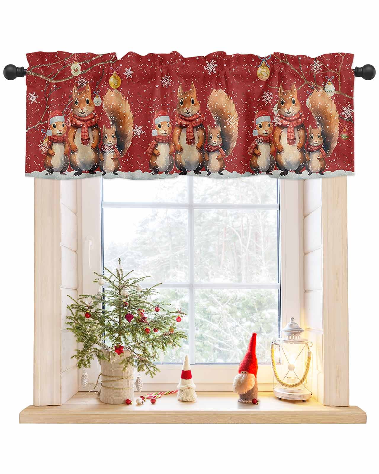 Christmas Squirrel Winter Snowflake Red Window Valances for Kitchen,Rod ...