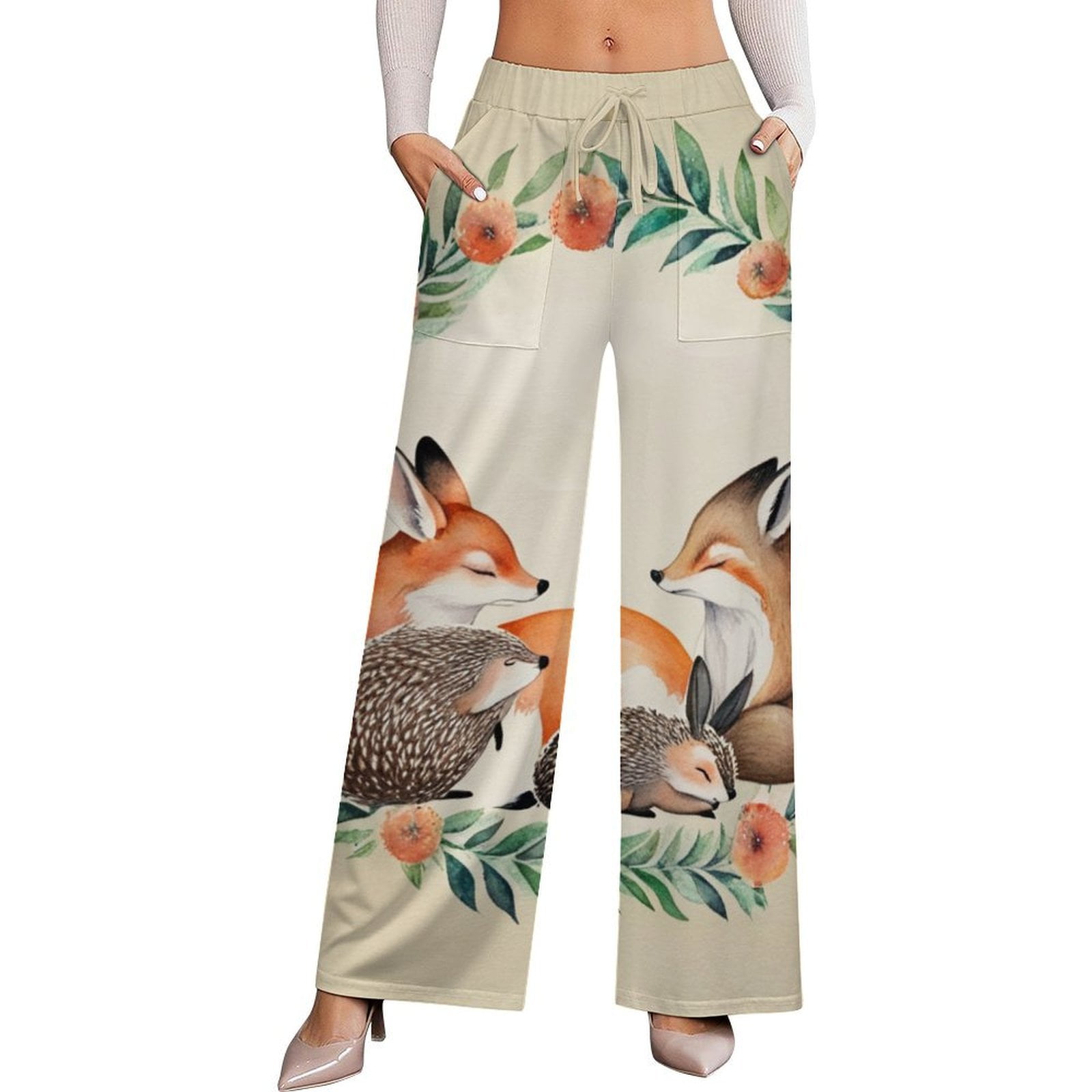 Christmas Squirrel Wreath Pattern Women's Casual Wide Leg Pants Comfort Pockets Elastic Waist ...