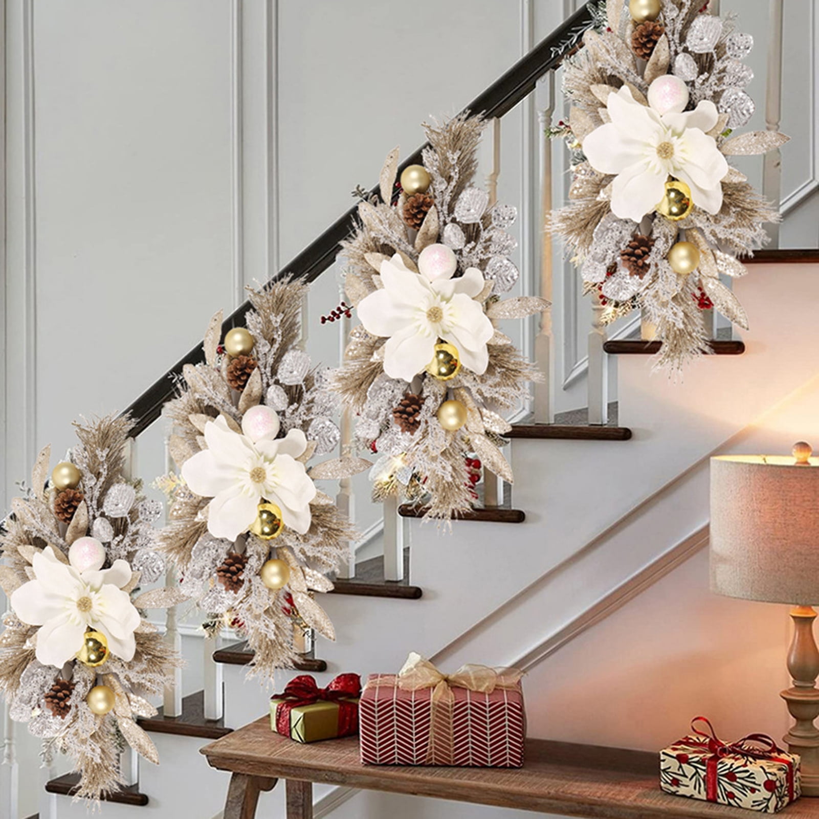 Christmas Stair Wreath White Flower Frosted Branches Stair Swag with ...