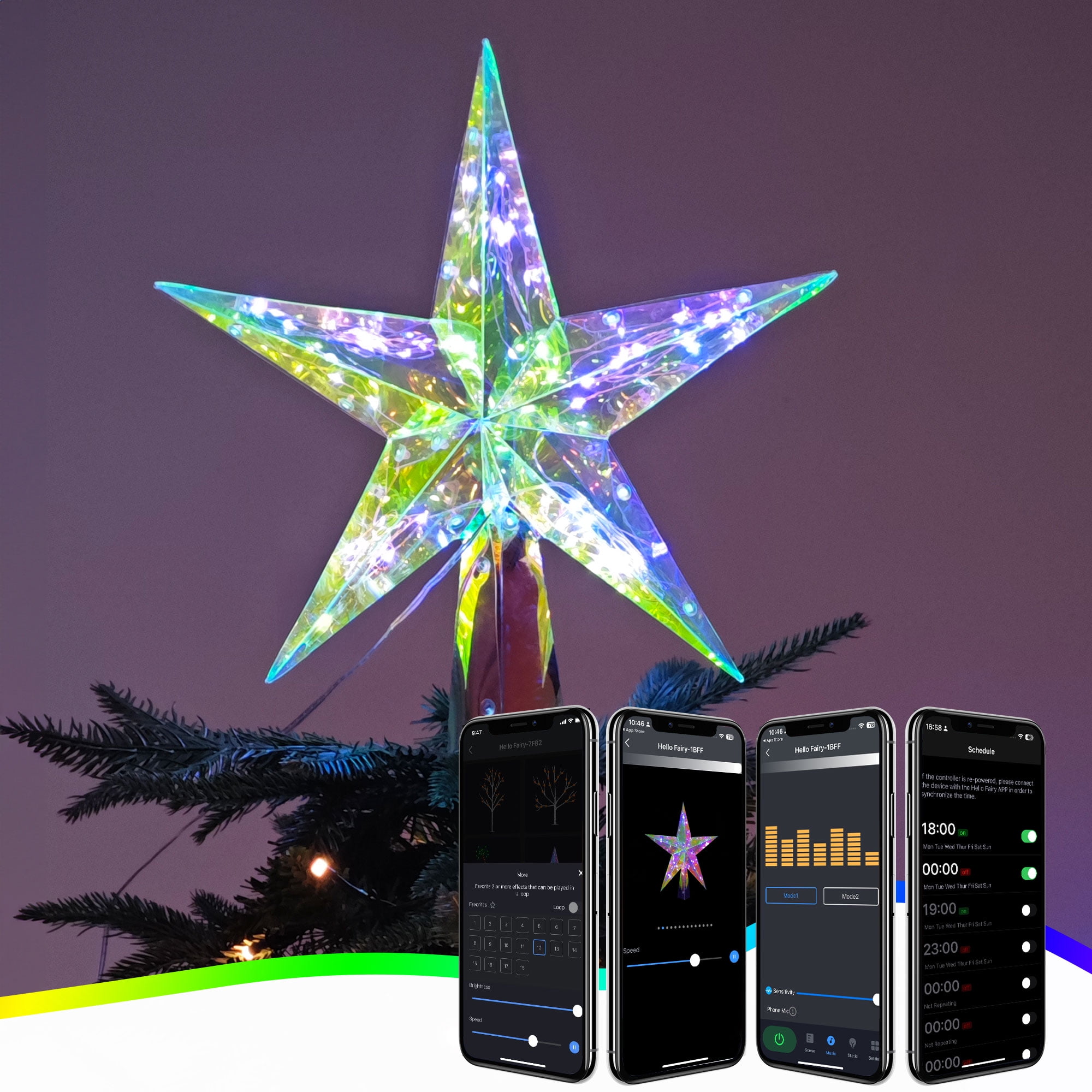 Christmas Star Tree Topper, 10” 50LEDs Smart Lighted Christmas Tree ...