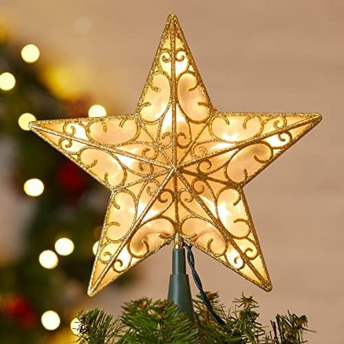 Christmas Star Tree Topper, 9.5 in Plug in Golden Glittered 3D Star ...